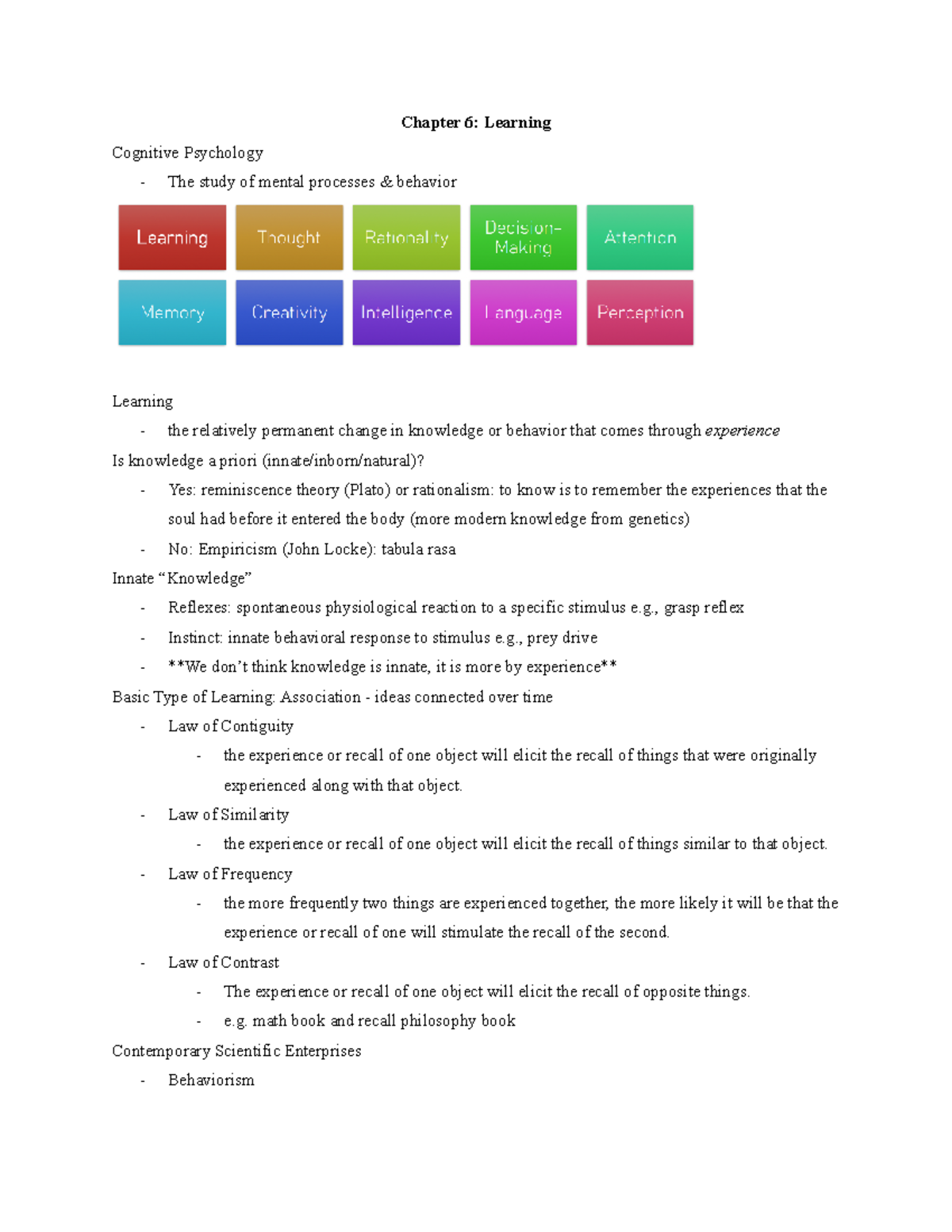Chapters 6-9 - Notes 6-9 - Chapter 6: Learning Cognitive Psychology The ...