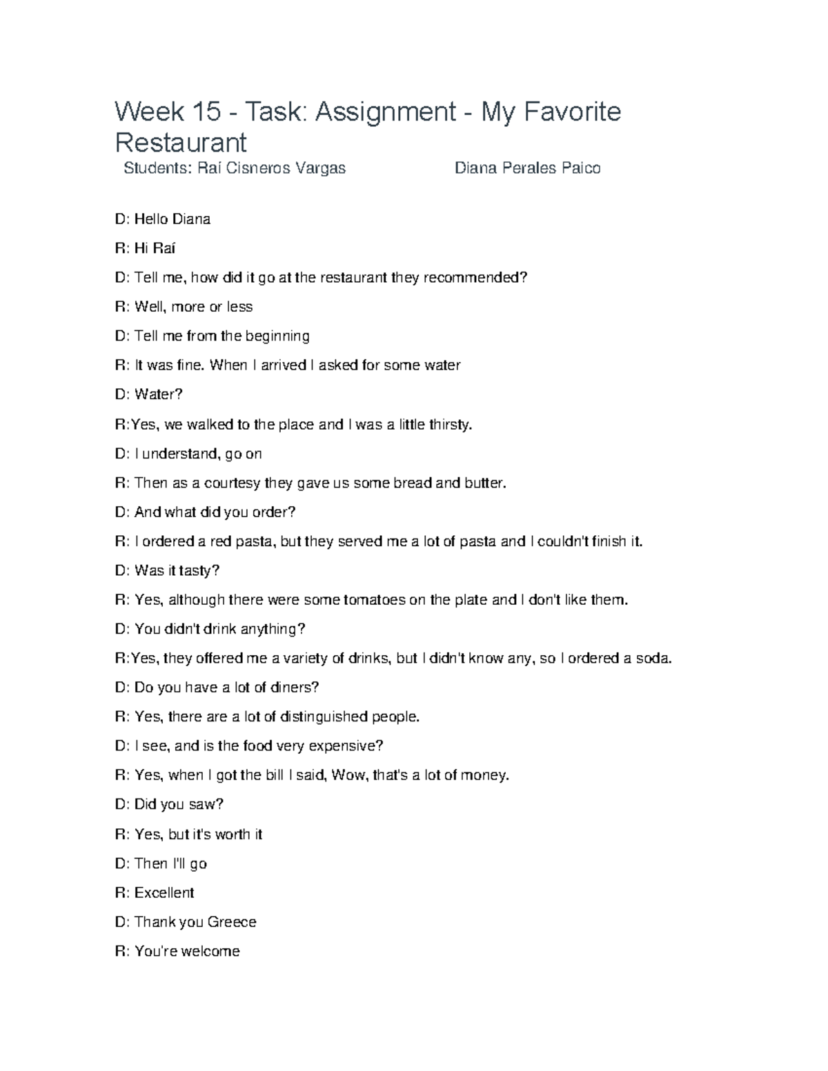 Week 15 - Task: Assignment - My Favorite Restaurant - Week 15 - Task ...