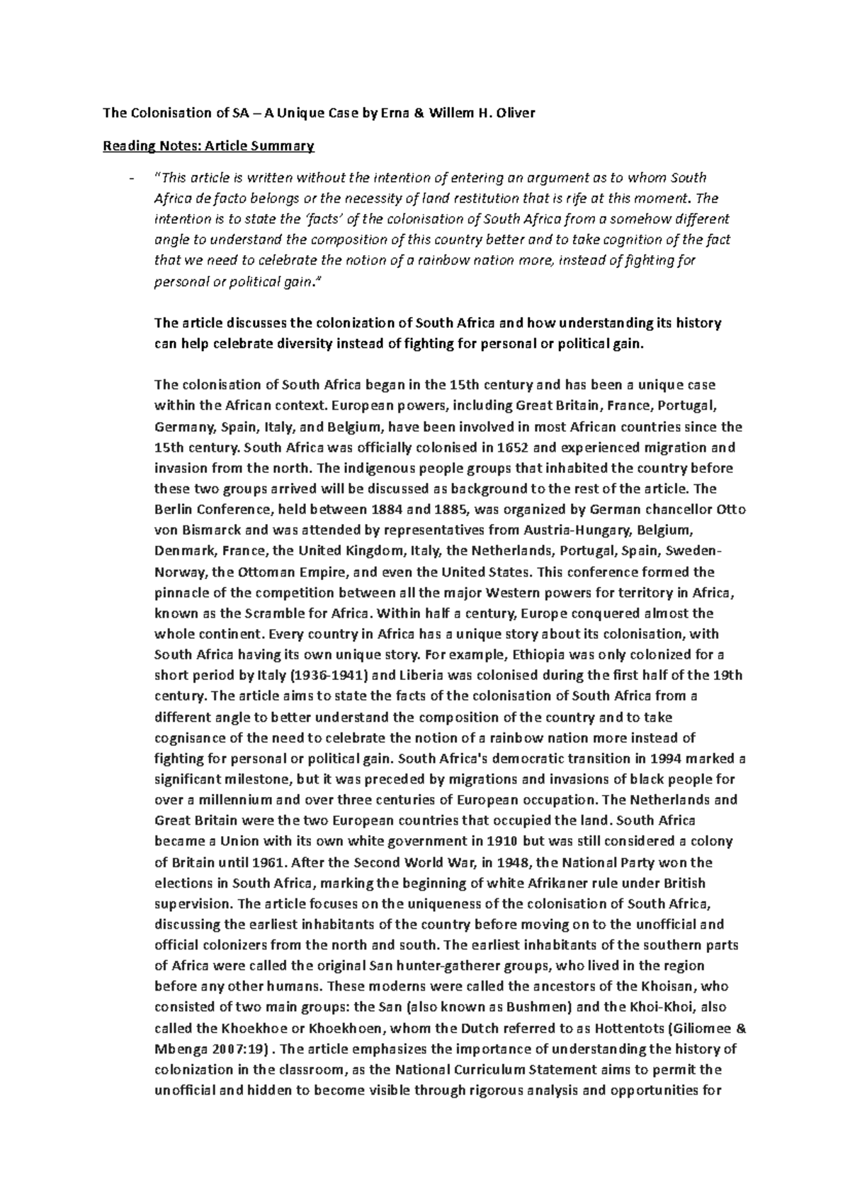 The Colonisation of SA - Oliver Reading Notes: Article Summary “This ...