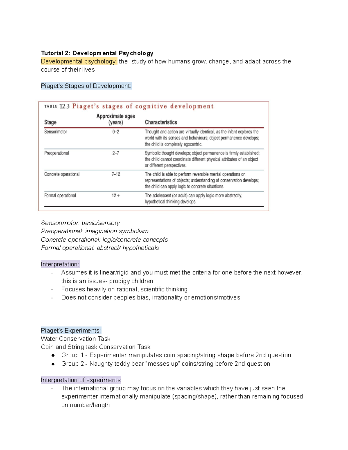 Psych 1A- tutorial developmental - Tutorial 2: Developmental Psychology ...