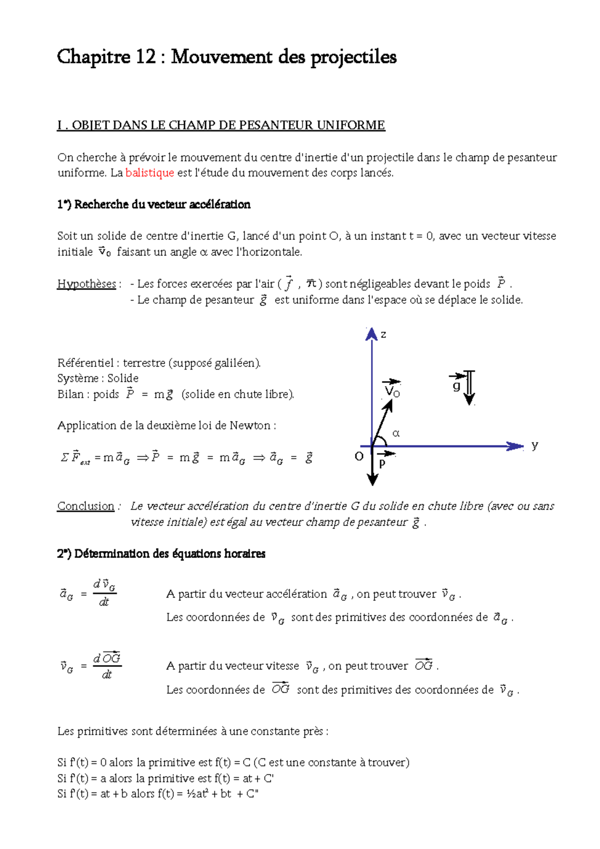Chapitre 12 - Mouvement des projectiles - O VO g y z P α Chapitre 12 ...