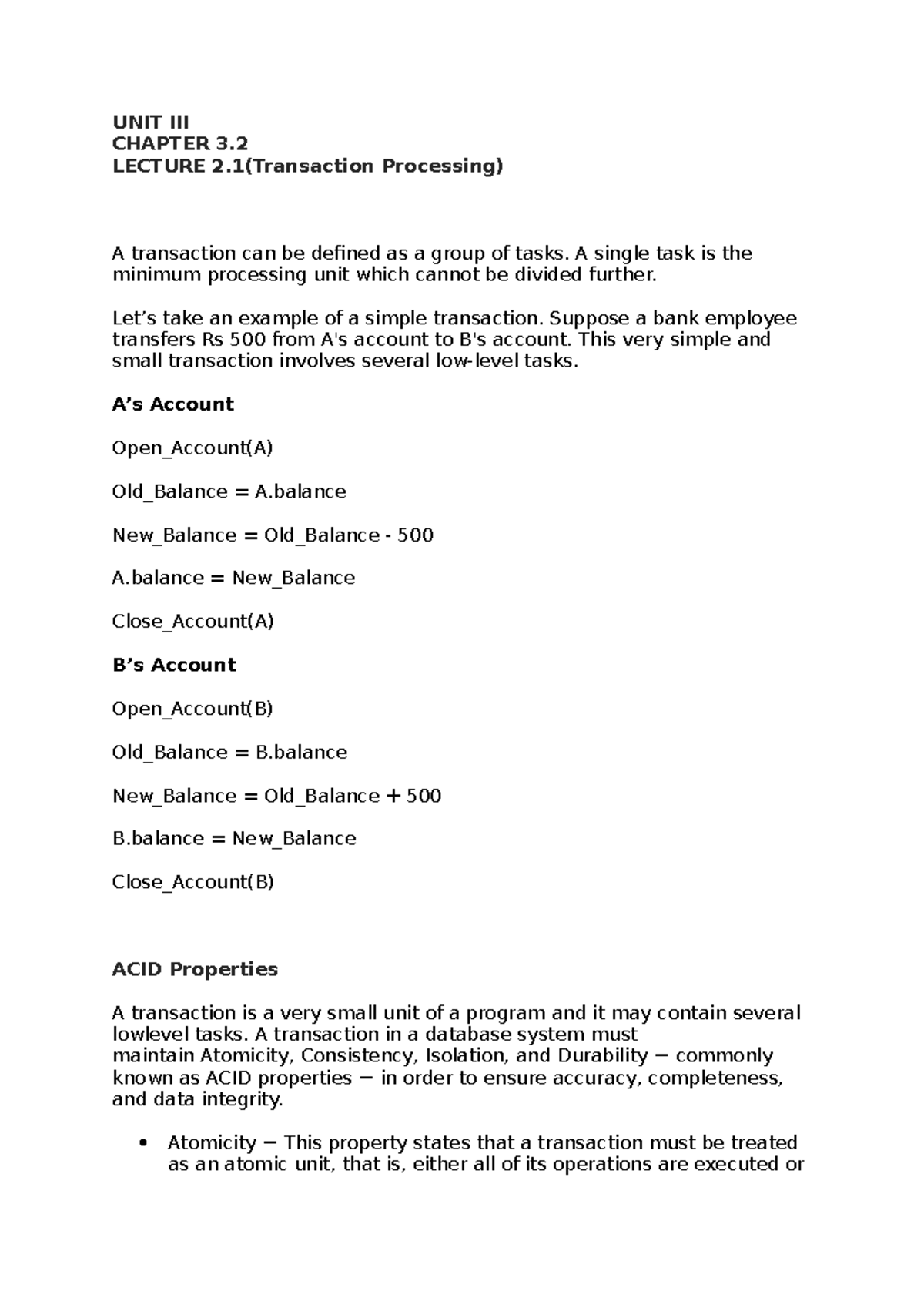 Notes Chapter 32 Lecture 21introduction To Transaction Processing Unit Iii Chapter 3