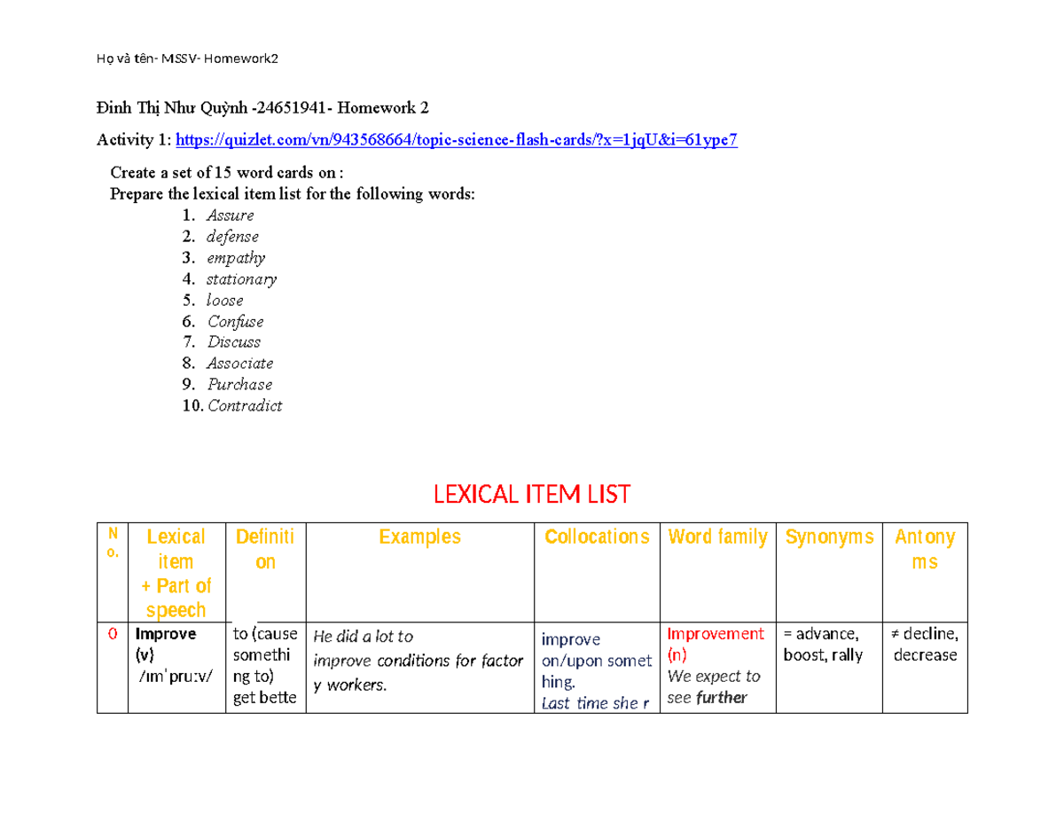 Homework 2- Vocabulary - Đinh Thị Như Quỳnh -24651941- Homework 2 ...