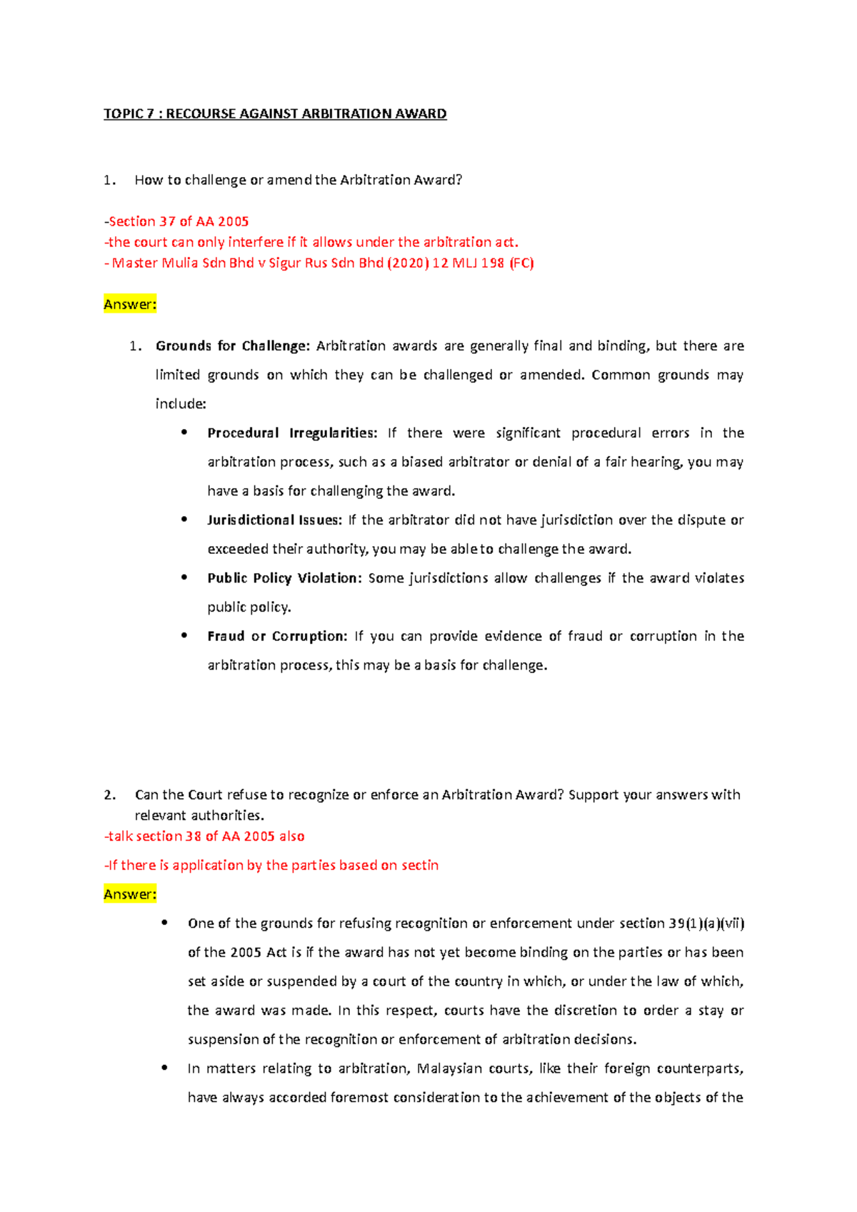 Tutorial 7 (ADR) - ... - TOPIC 7 : RECOURSE AGAINST ARBITRATION AWARD ...