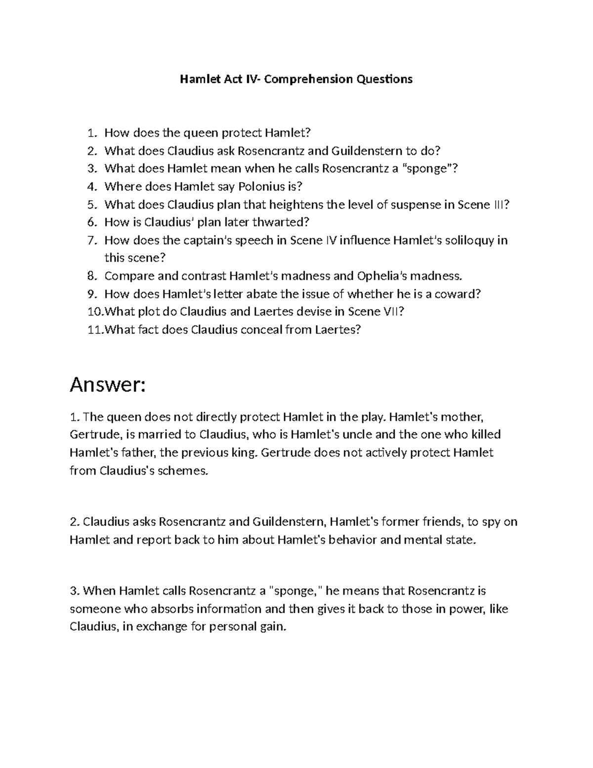 Hamlet Act 4 Comprehension - Hamlet Act IV- Comprehension Questions How ...