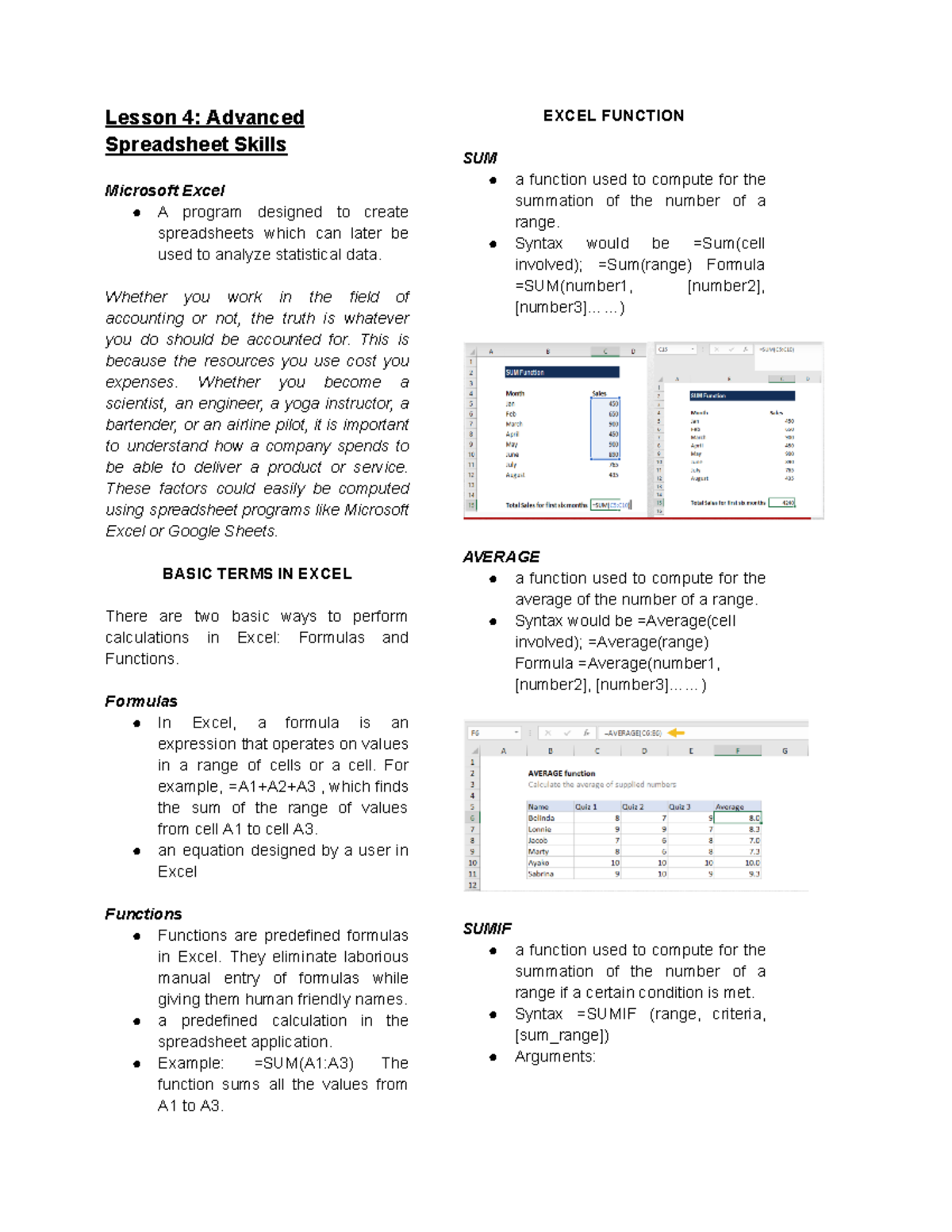 Etech 4TH Mastery Notes - Lesson 4: Advanced Spreadsheet Skills ...
