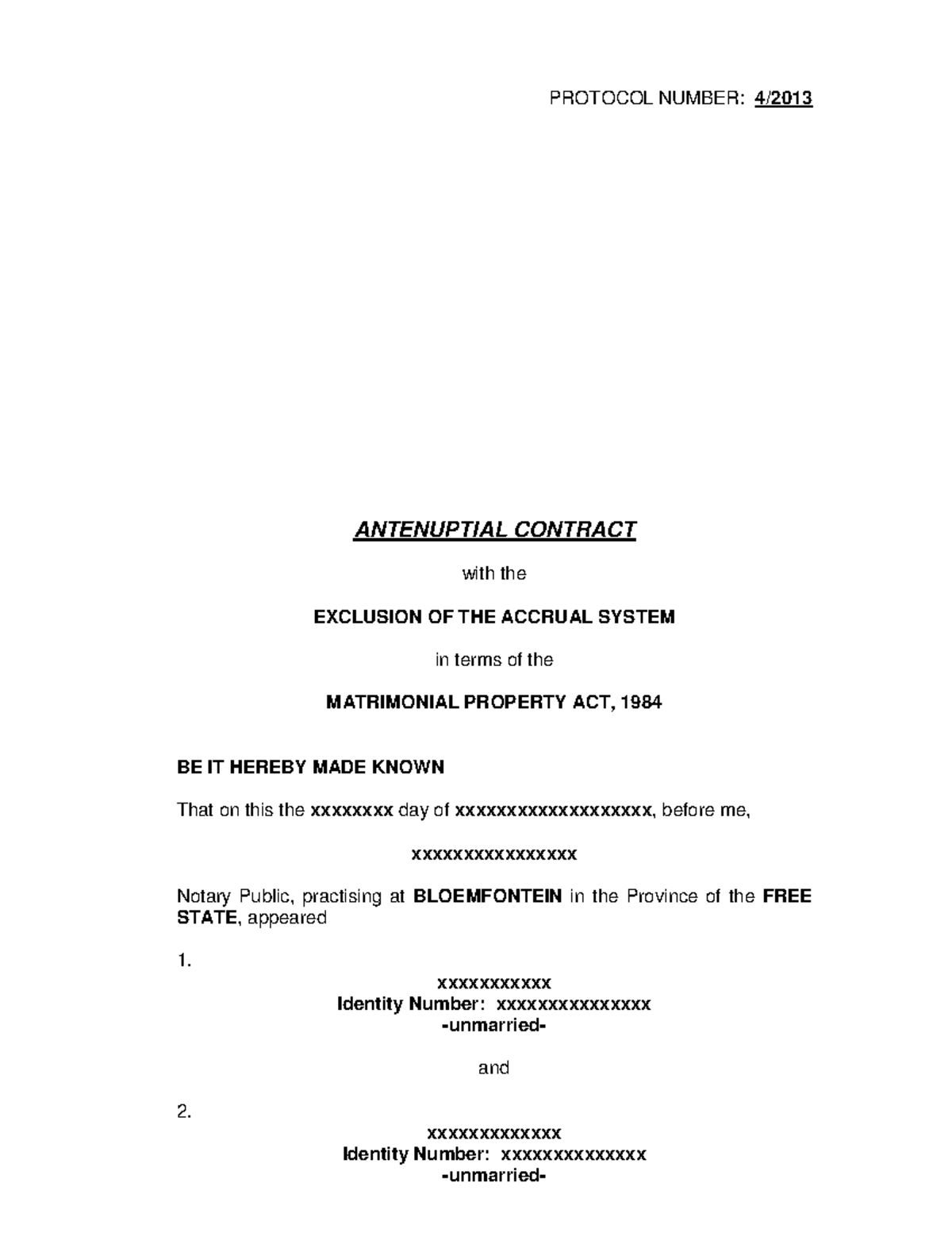 ANC -example - A draft of an antenuptial contract - LSAE2624 - PROTOCOL ...
