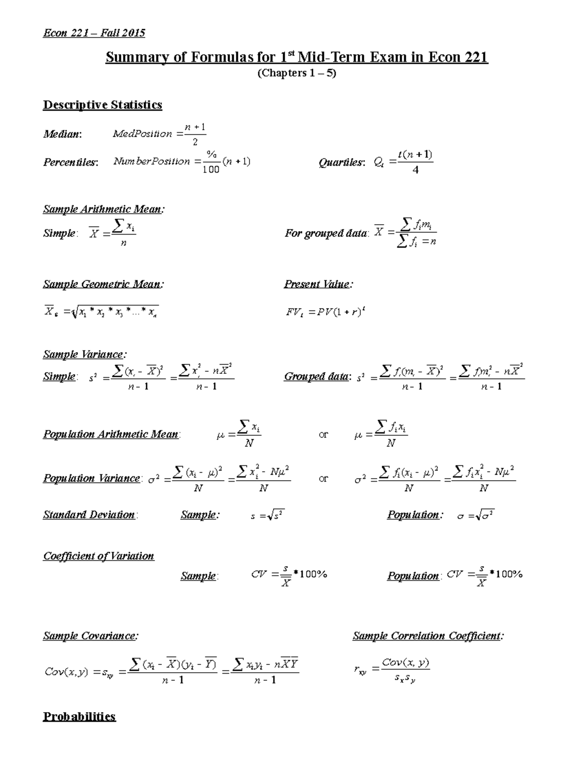 Formula Sheet (Prep for MT) - Econ 221 – Fall 2015 Summary of Formulas ...