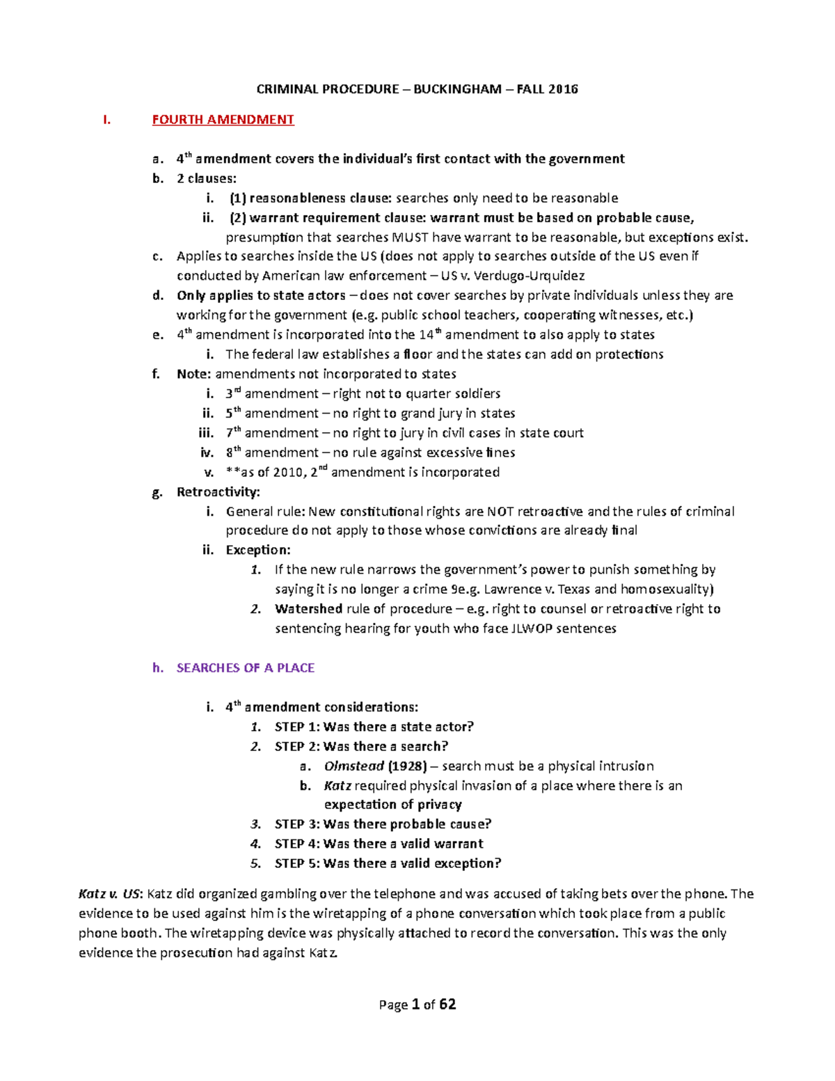 Criminal Procedure Fall - CRIMINAL PROCEDURE – BUCKINGHAM – FALL 2016 I ...