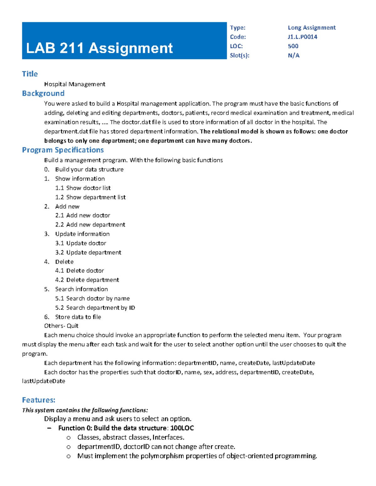 J1.L.P0014. Hospital Management -500LOC - LAB 211 Assignment **Type ...