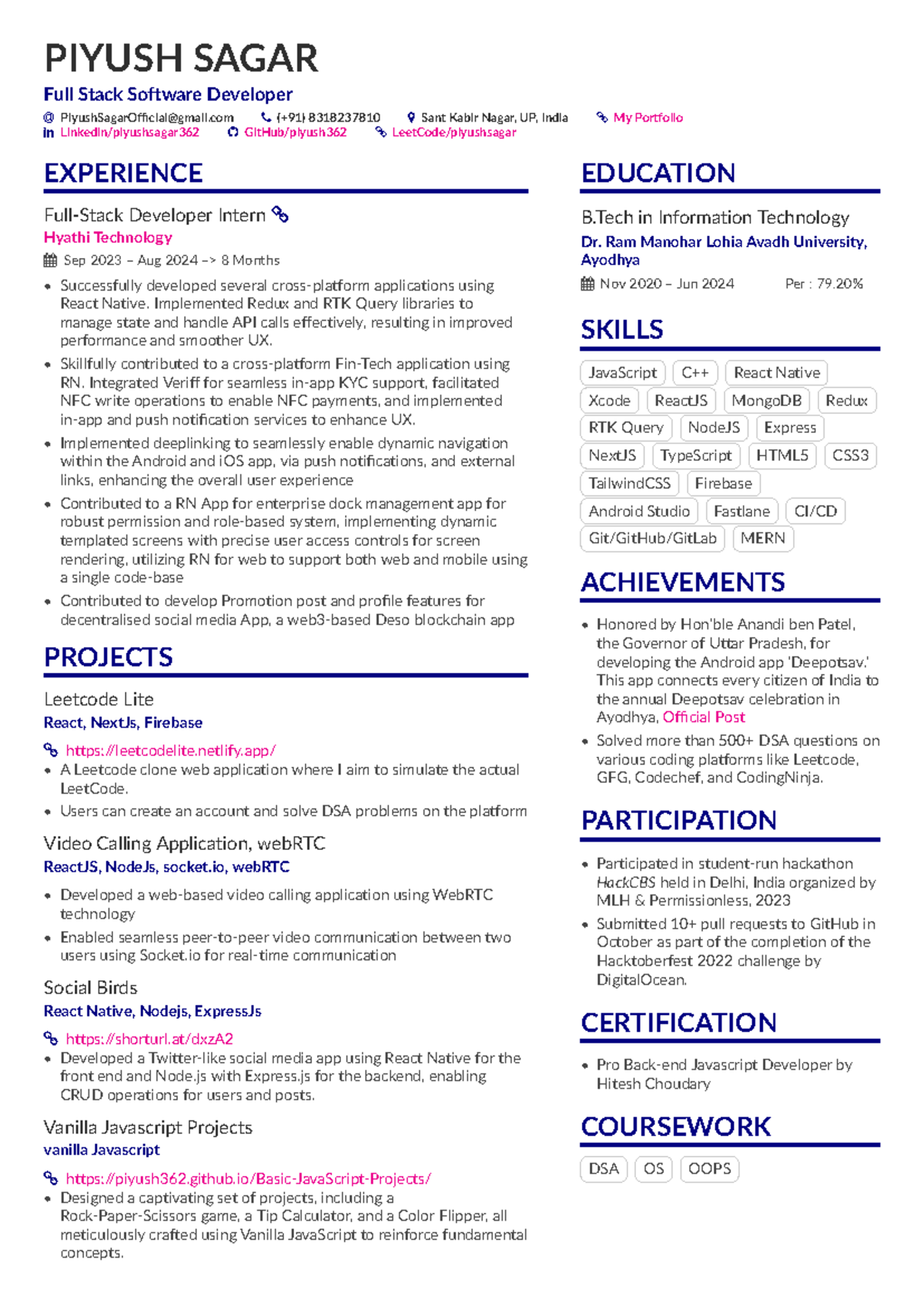 3 Piyush Sagar s Resume - ASDFASDFASDF - PIYUSH SAGAR Full Stack Software Developer [ - Studocu