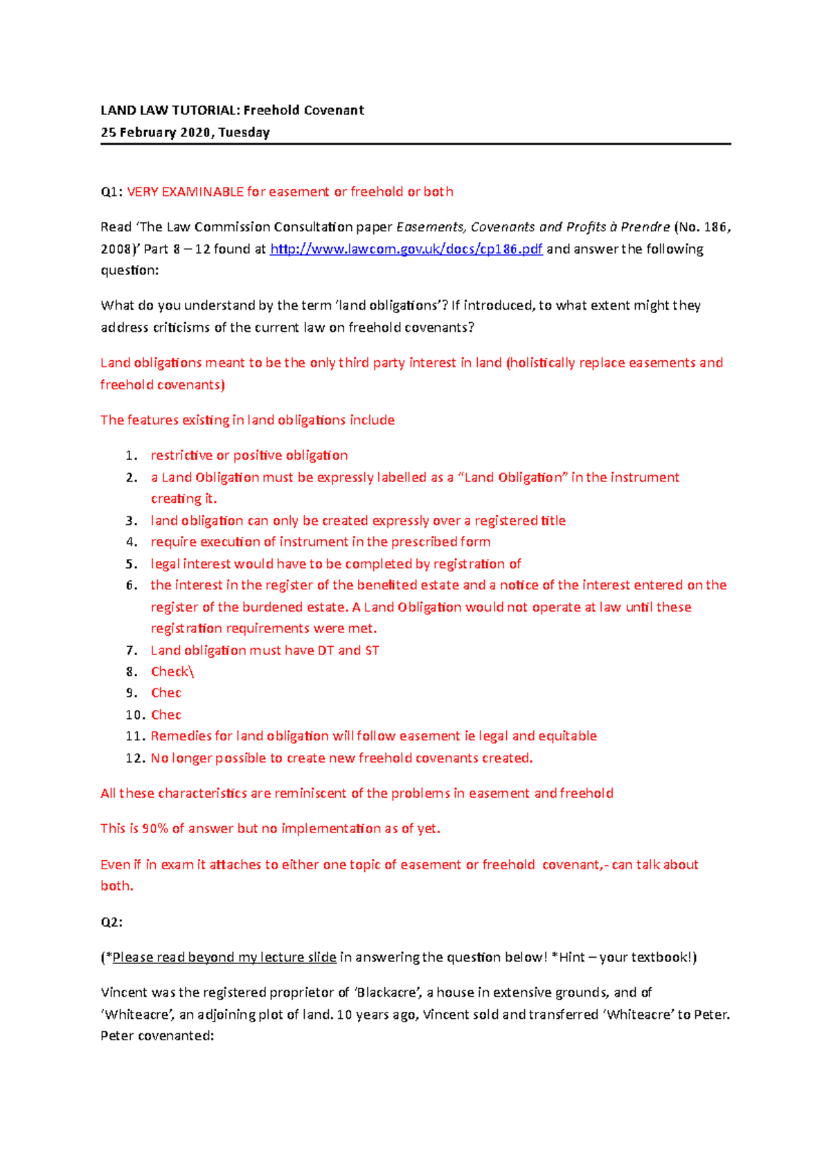2. Tutorial- freehold covenant I - LAND LAW TUTORIAL: Freehold Covenant ...