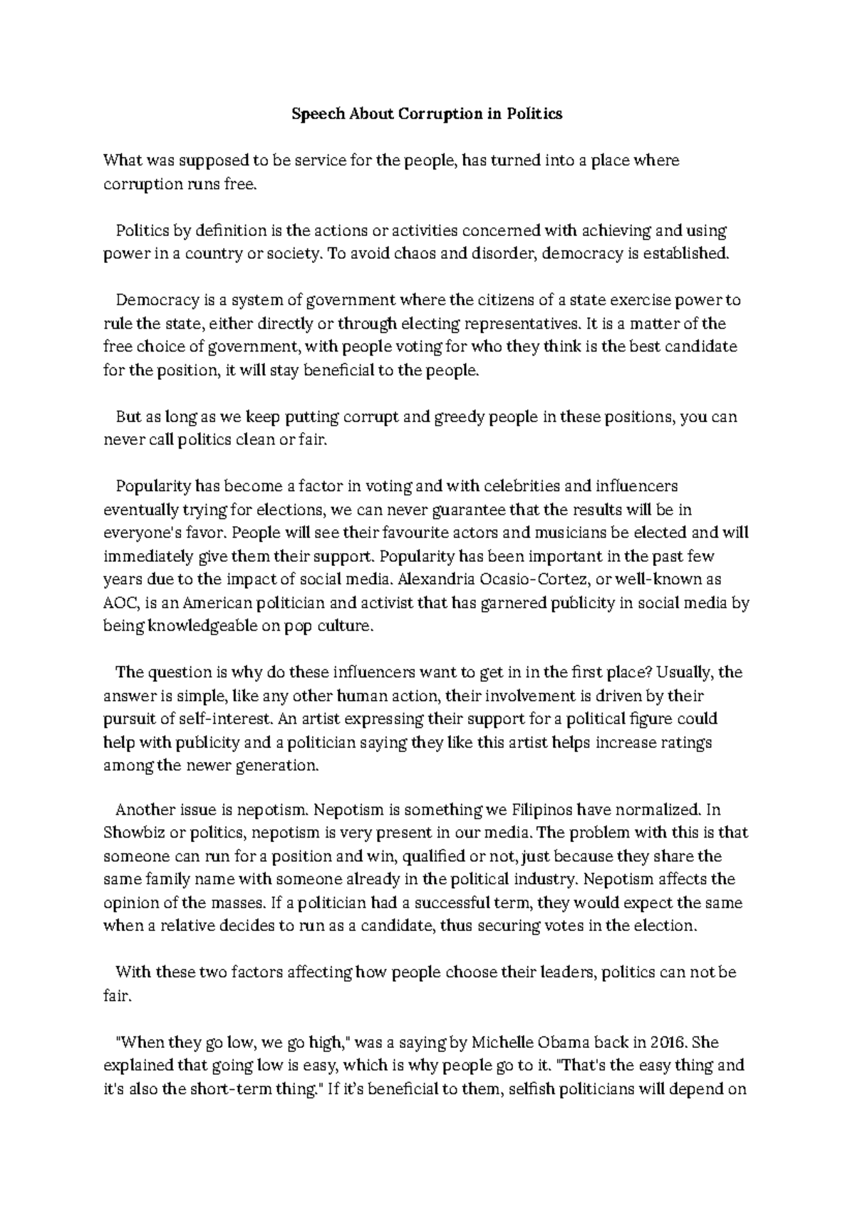 Prepared Speech - Speech About Corruption in Politics What was supposed ...