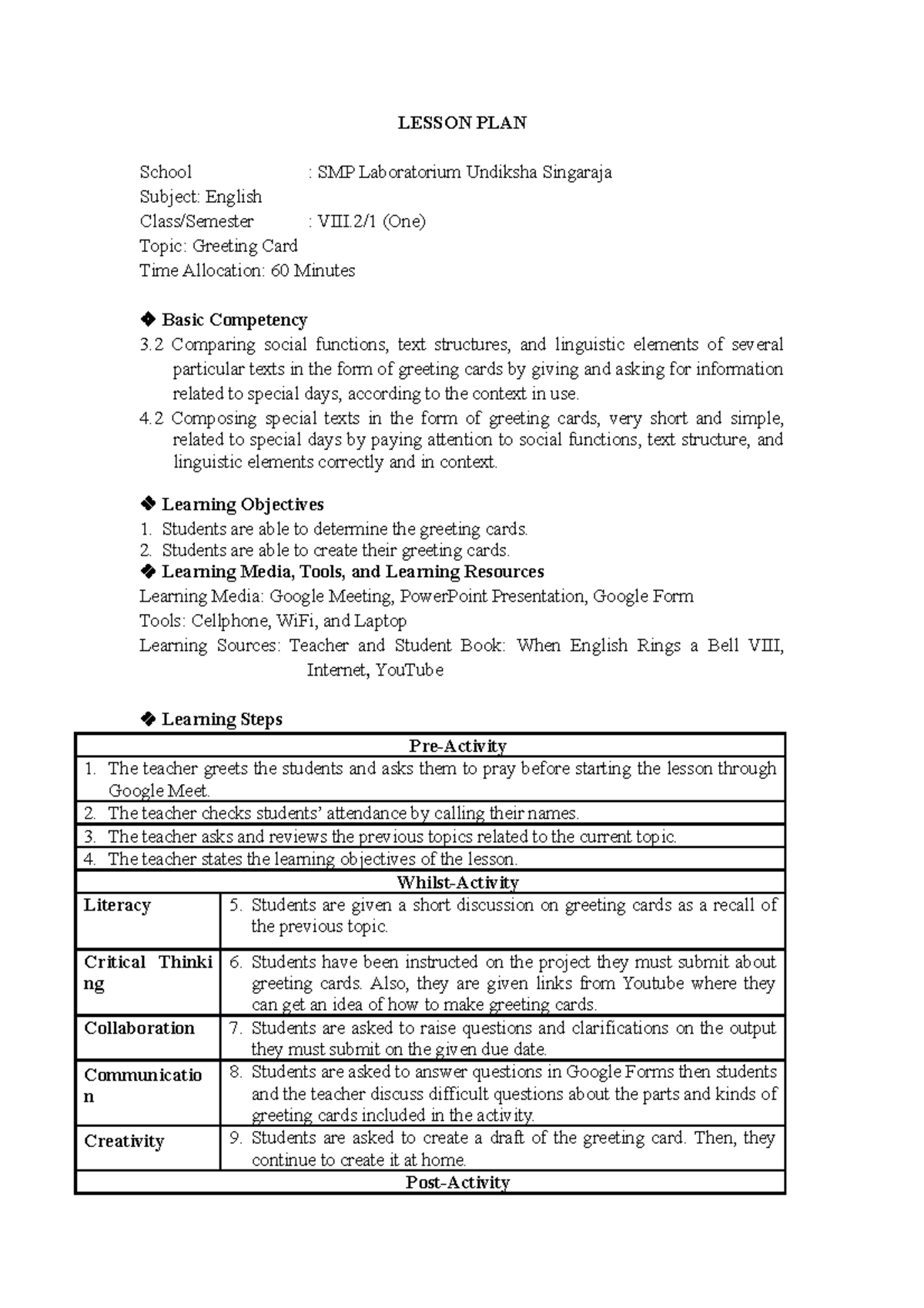 Project AND Daily TEST- Lesson PLAN Revised - LESSON PLAN School : SMP ...