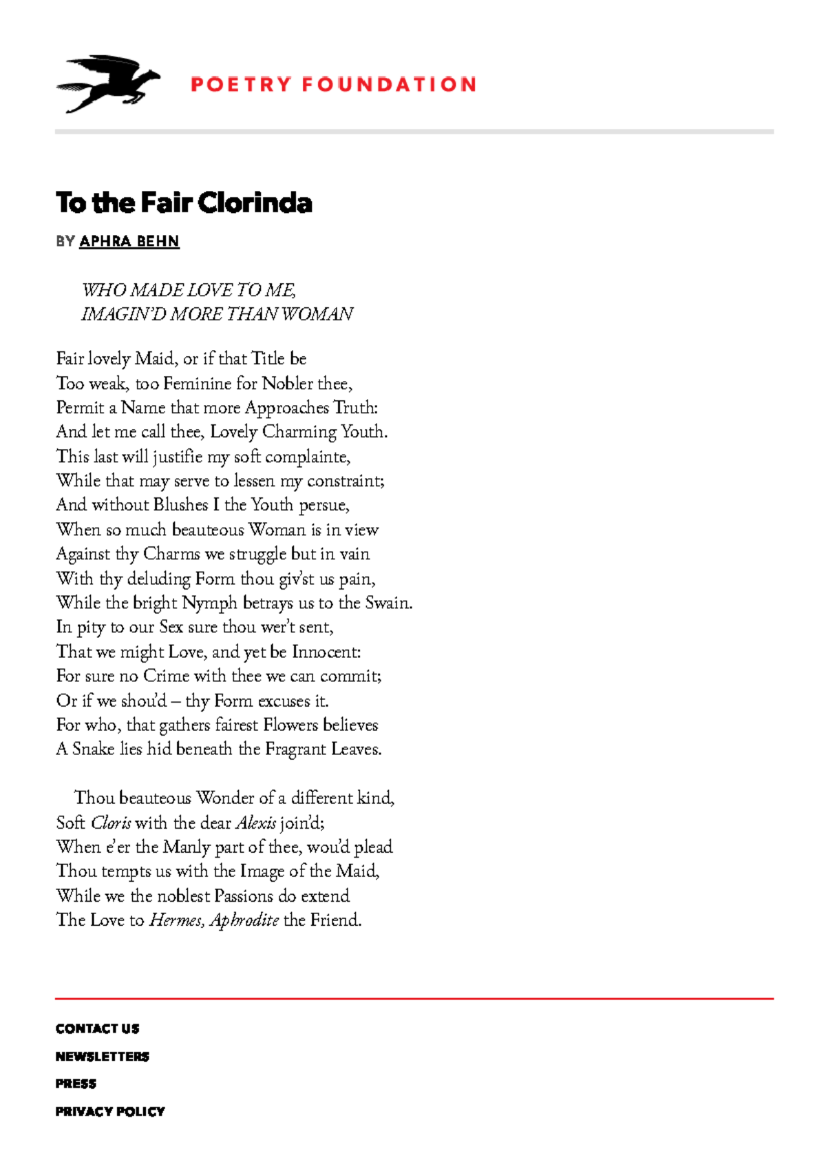 To the Fair Clorinda by Aphra Behn Poetry Foundation - To the Fair ...