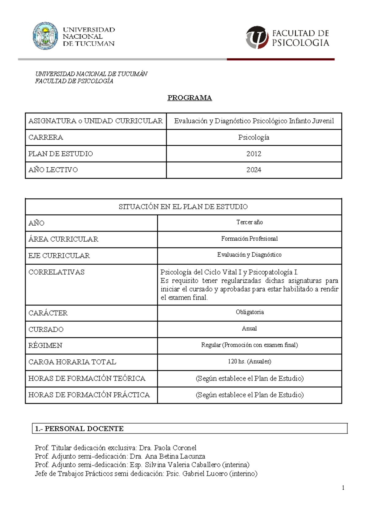 Programas 2024 - Plan 2012 Evaluac y Diag Infanto juvenil - UNIVERSIDAD NACIONAL DE TUCUMÁN ...