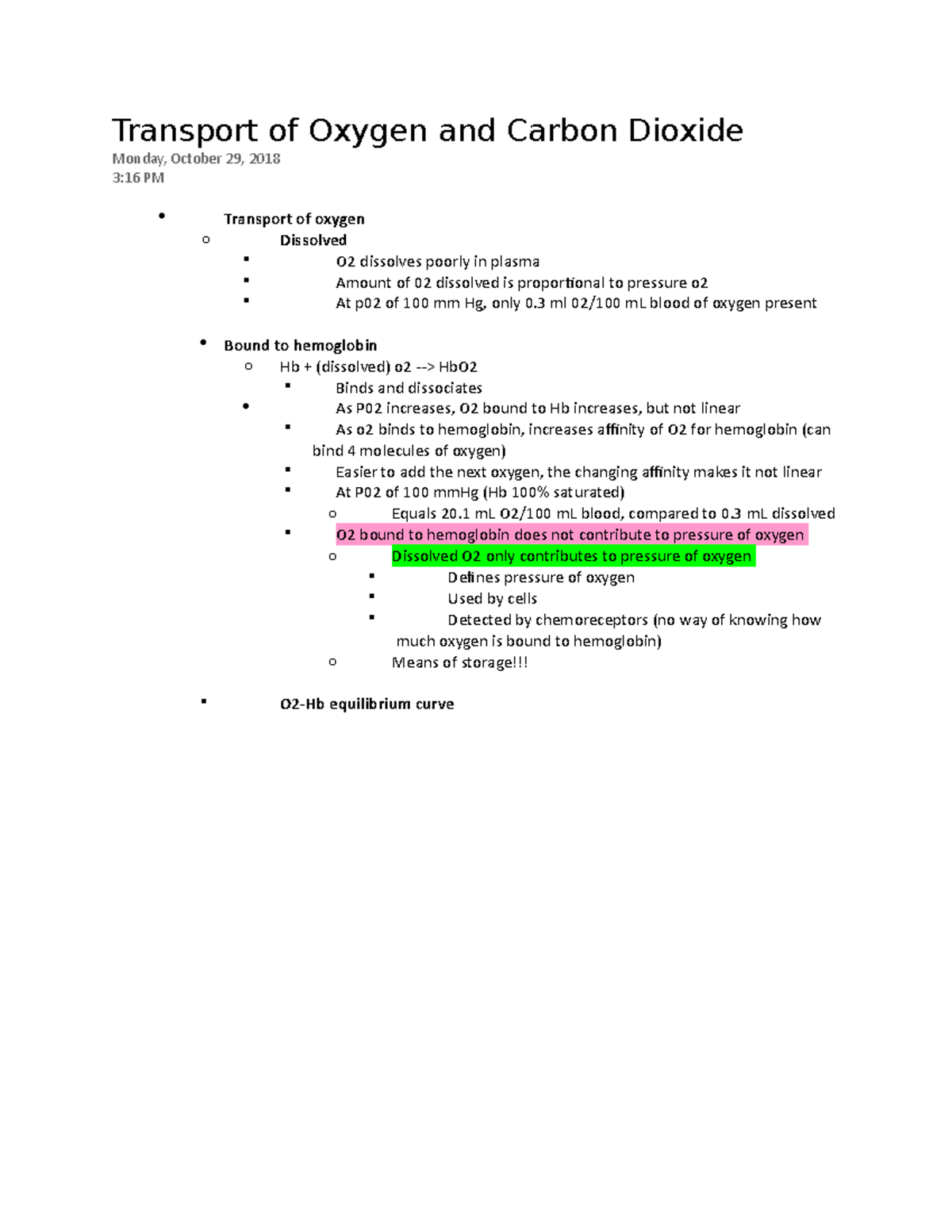 Transport of Oxygen and Carbon Dioxide - Studocu