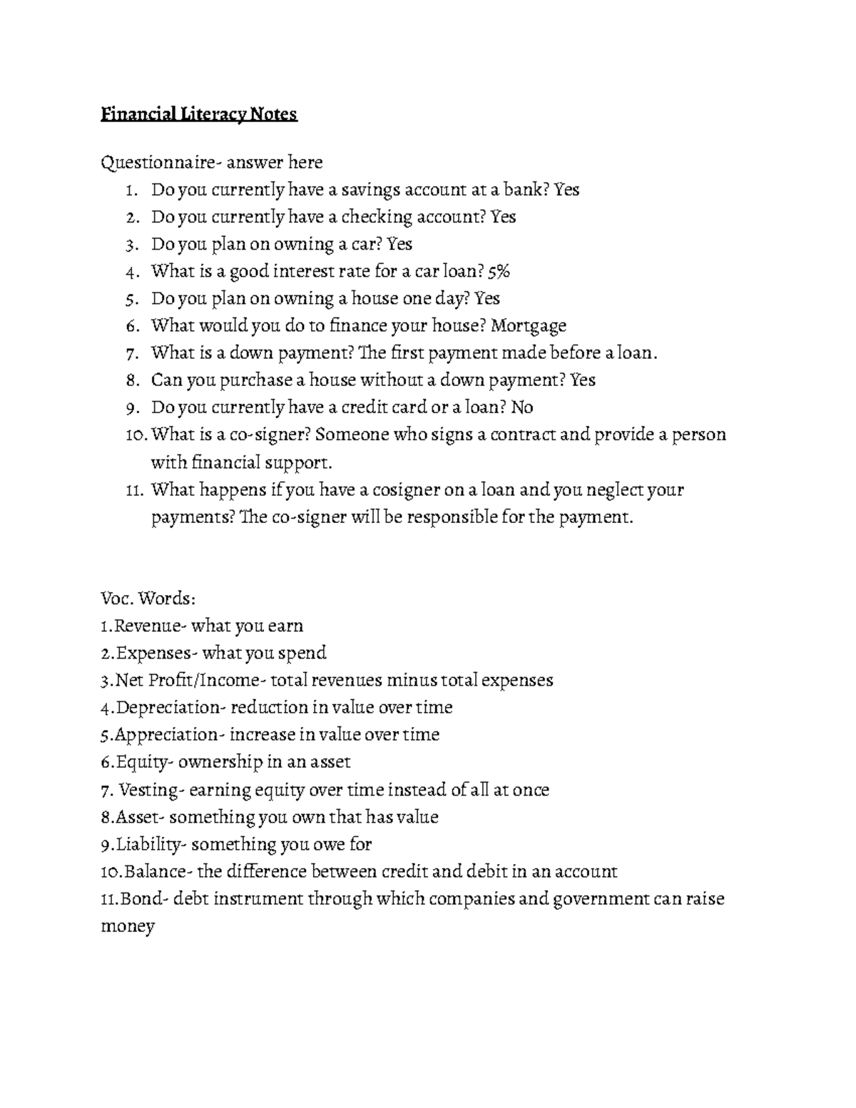 Notes Financial Literacy - Financial Literacy Notes Questionnaire ...