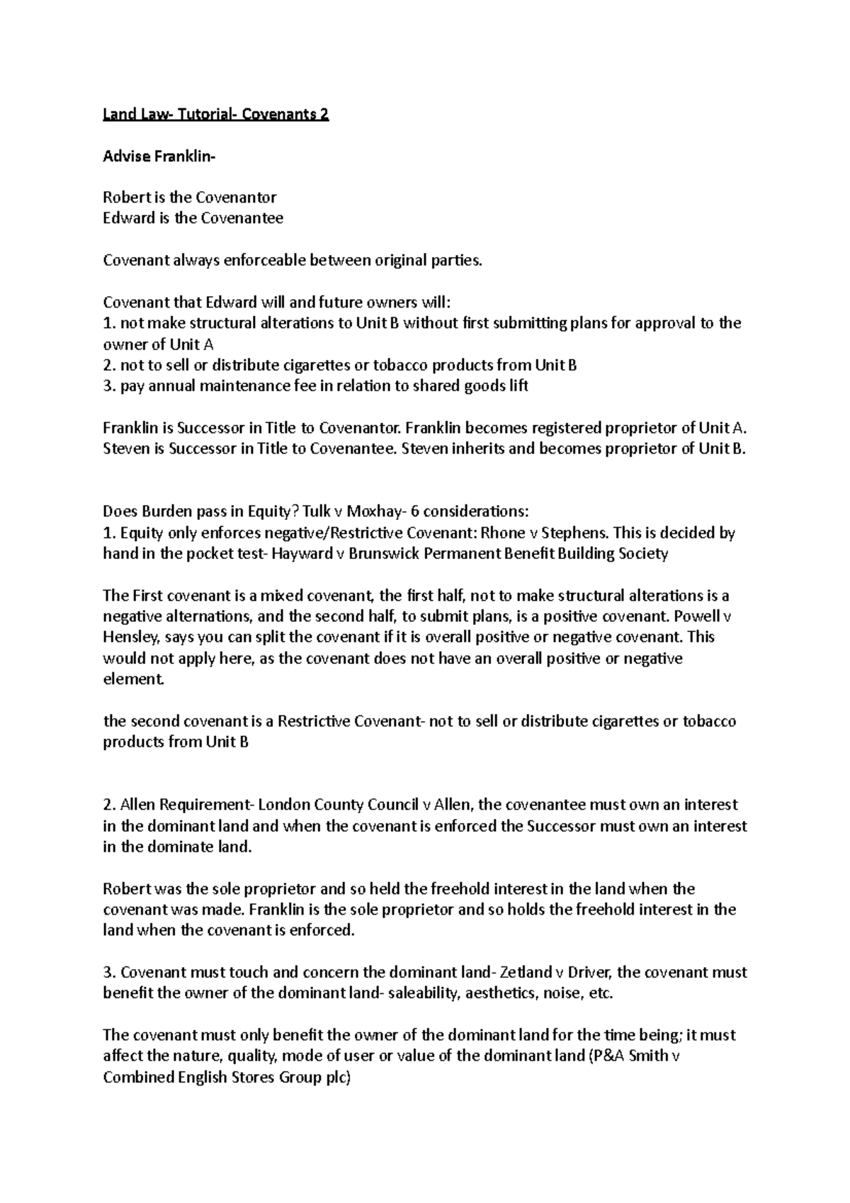 Land Law-Covenants 2 - Land Law- Tutorial- Covenants 2 Advise Franklin ...