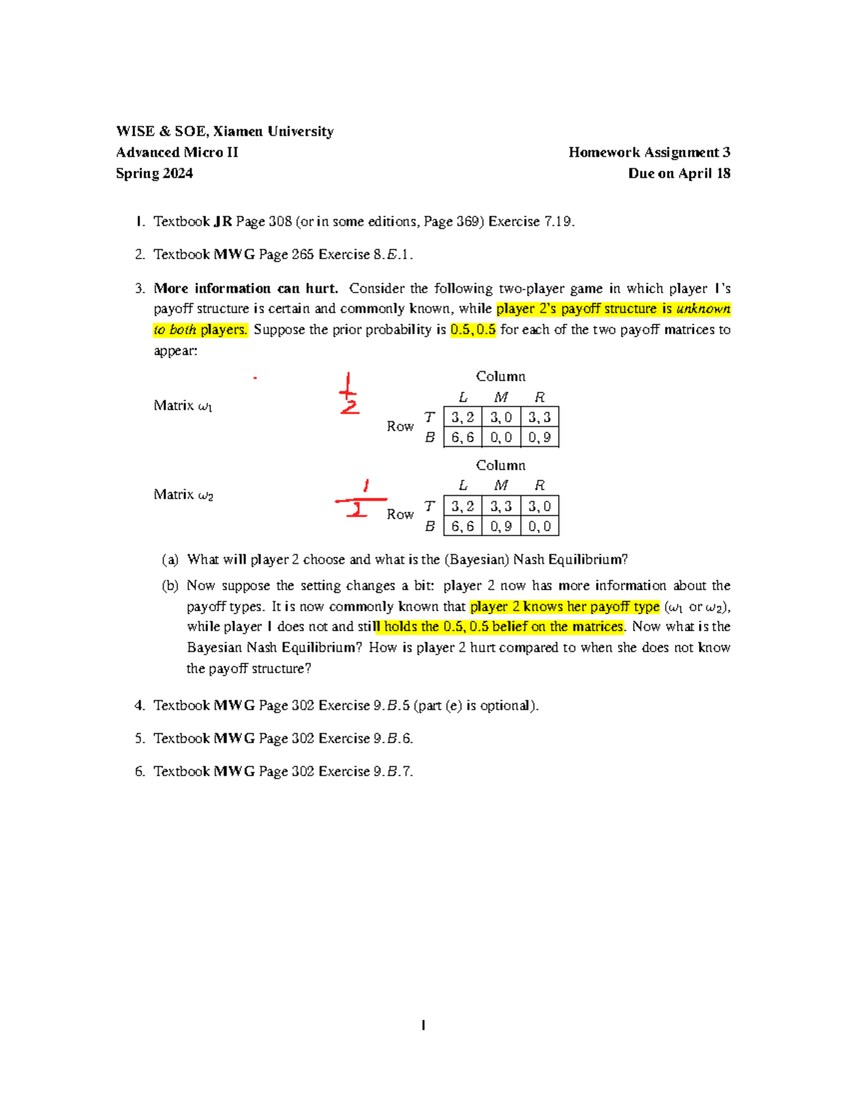 Hw3 - hw3 - WISE & SOE, Xiamen University Advanced Micro II Homework Assignment 3 Spring 2024 ...