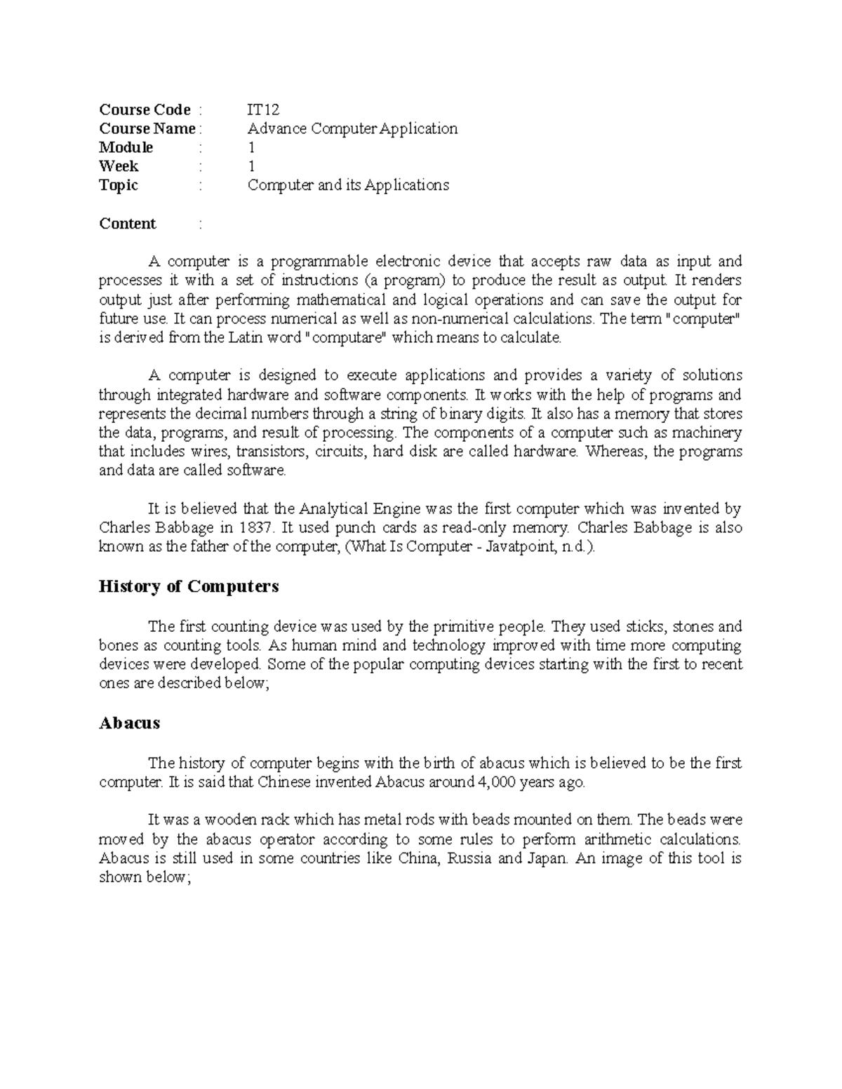 Handouts 1 - N/A - Course Code : IT Course Name : Advance Computer ...