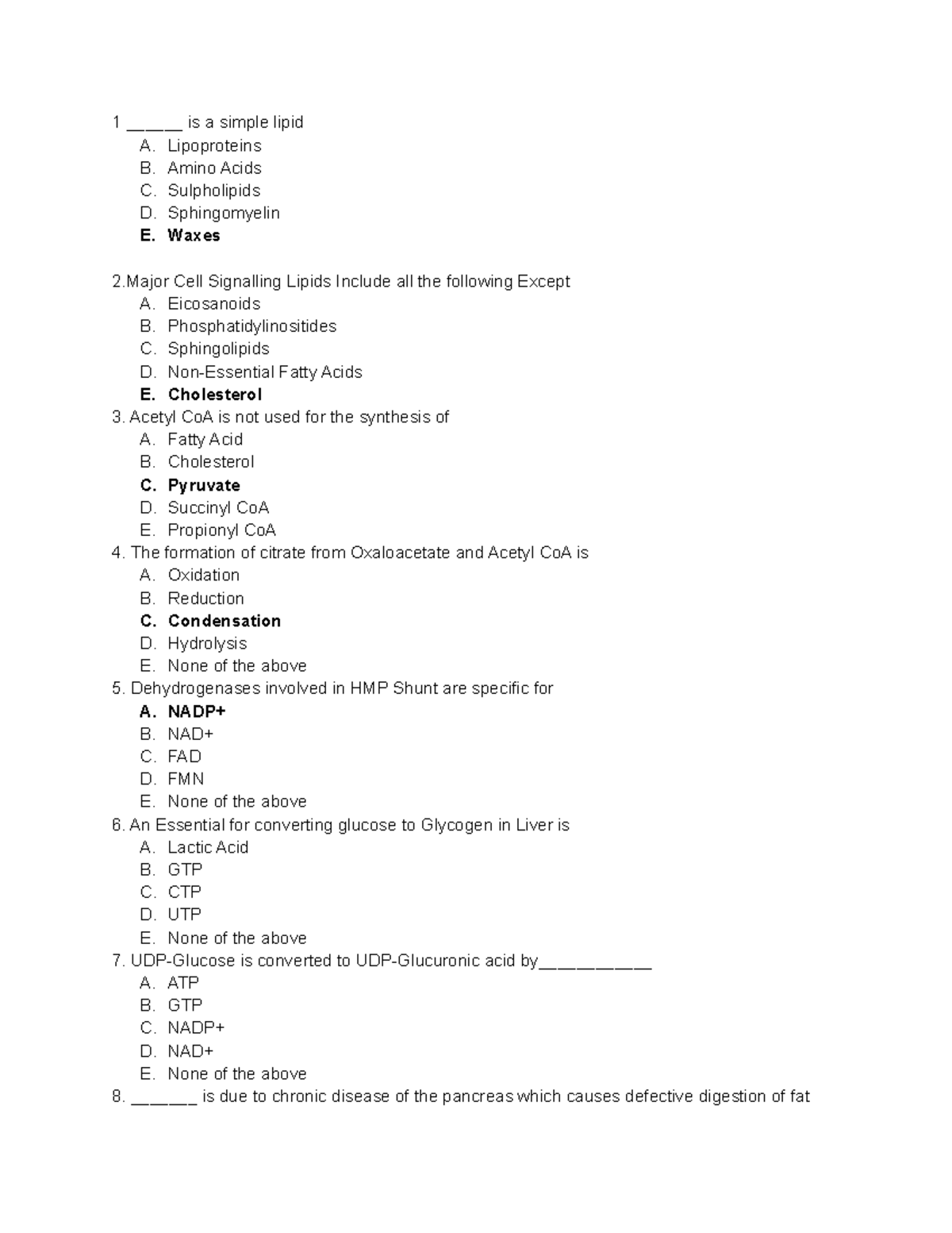 PRE MB CA Questions (1)-1 - 1 ______ is a simple lipid A. Lipoproteins ...