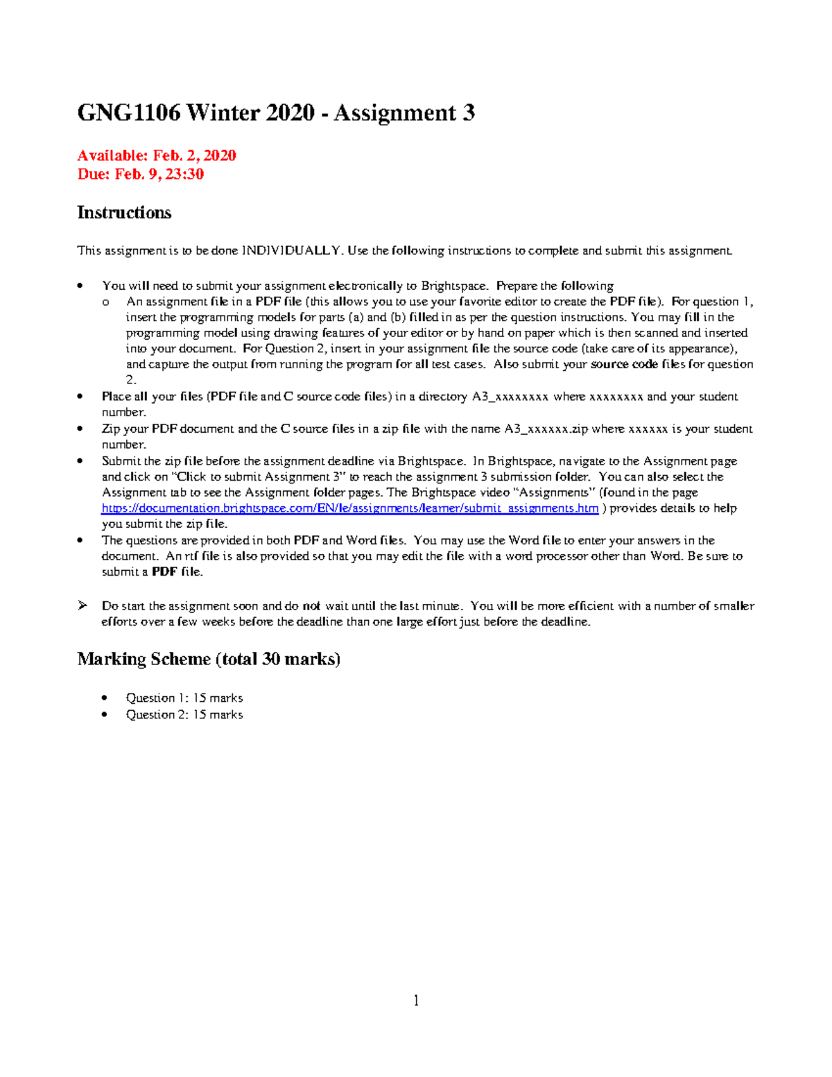 Assignment 3 under Prof. Mohamed - GNG1106 Winter 2020 Assignment 3 Available: Feb. 2, 2020 Due ...