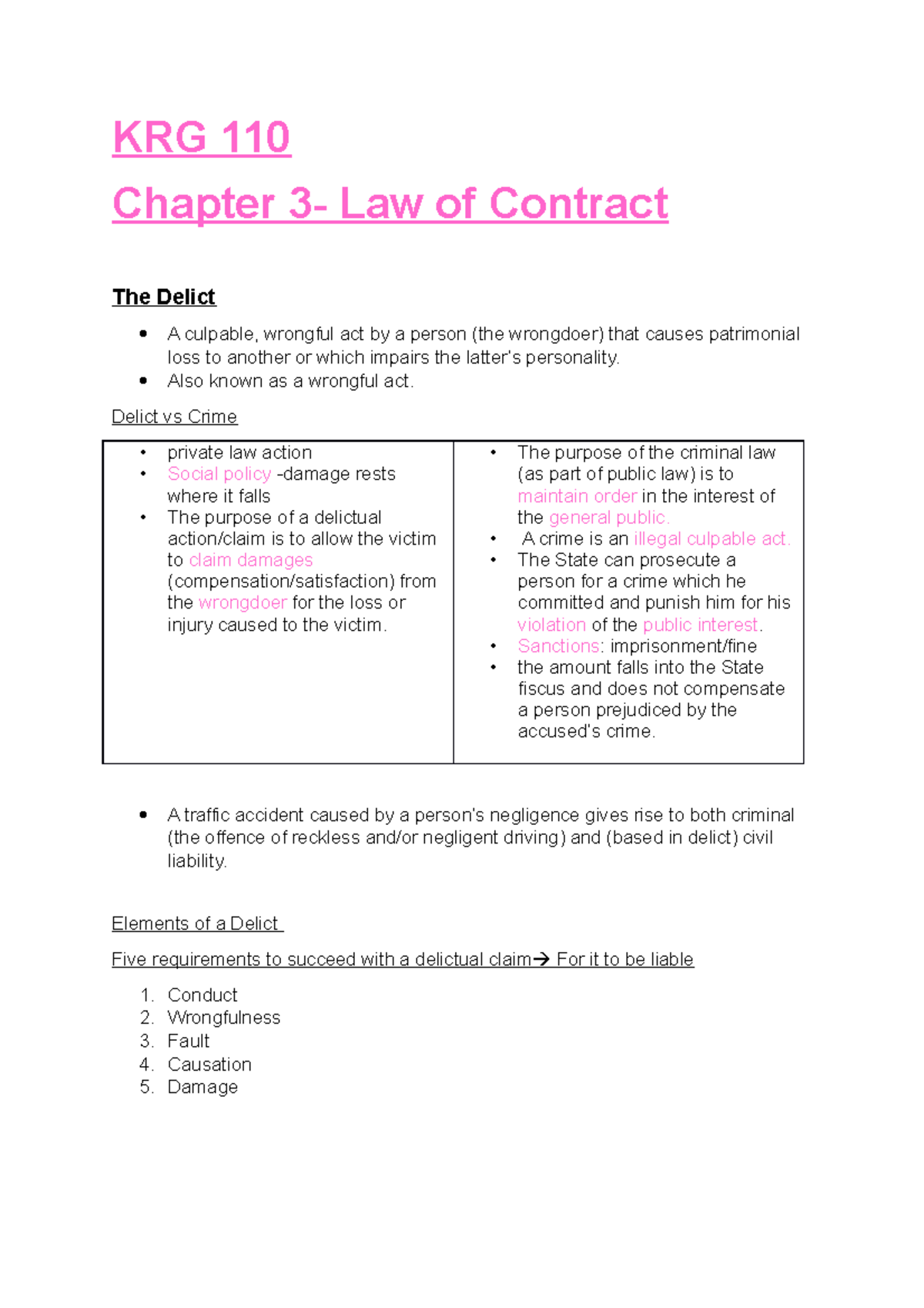 KRG 114 Chapter 3 - KRG 110 Chapter 3- Law of Contract The Delict A culpable, wrongful act by a ...