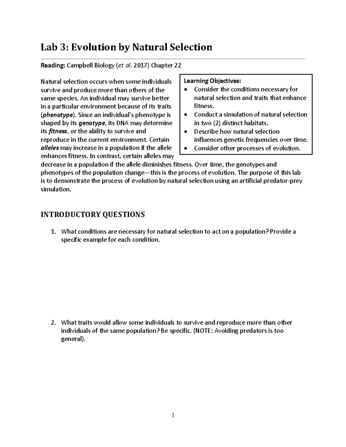 Lab3-Natural Selection - Lab 3: Evolution by Natural Selection Reading ...