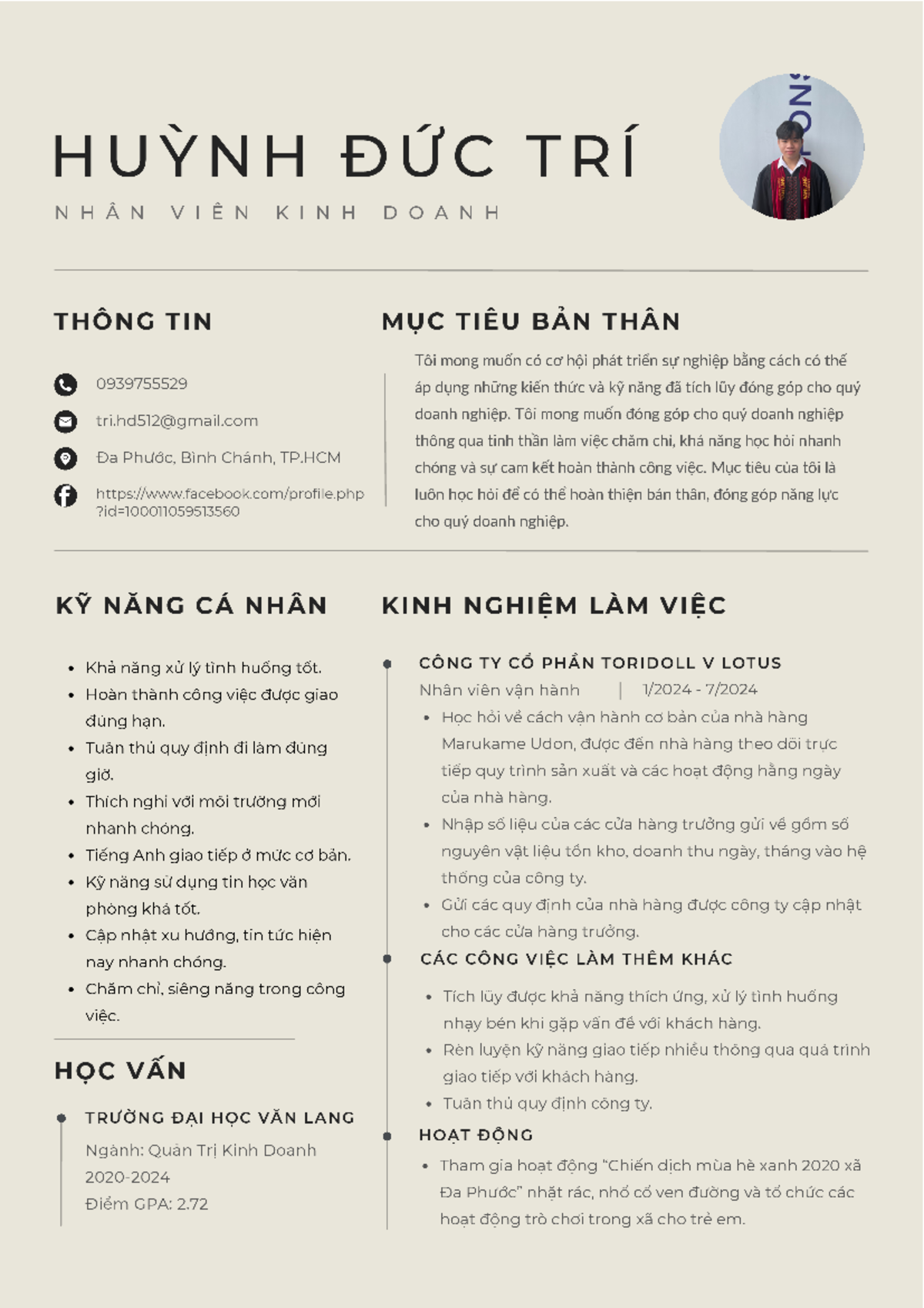 White Black Minimalist Professional Resume - HUYNH DÚC TRI NHAN VIEN KINH DOANH THÔNG TIN MUC ...