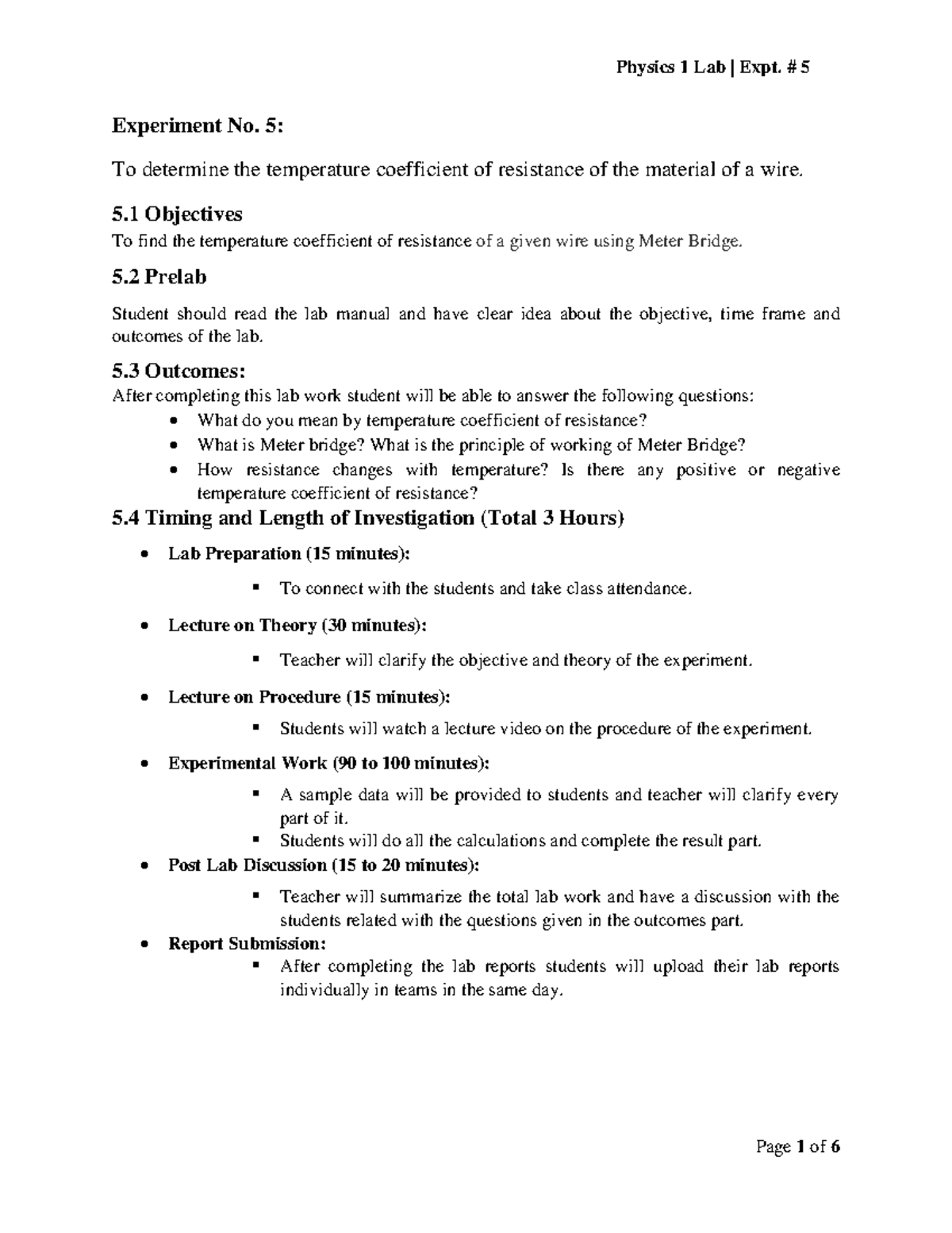 Lab Manual Phy Lab 1 Expt. 5 - Experiment No. 5: To determine the temperature coefficient of ...