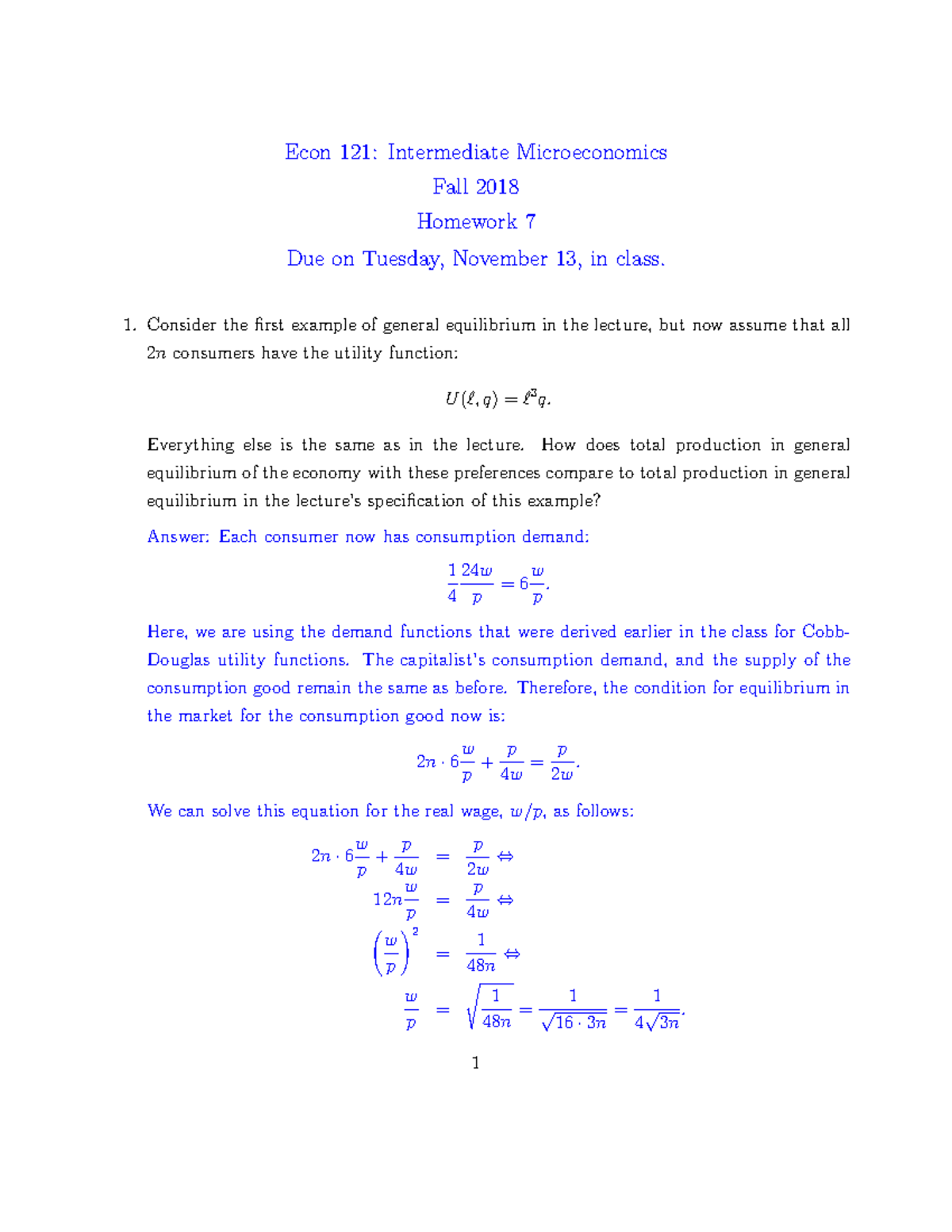 Homework Problems 7Answers - Econ 121: Intermediate Microeconomics Fall ...