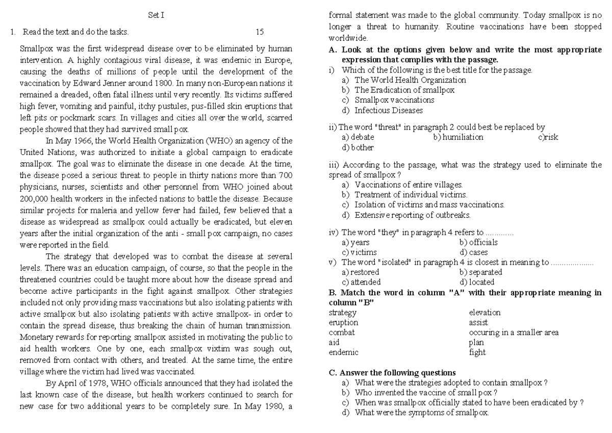 English - nice - Set I 1. Read the text and do the tasks. 15 Smallpox ...