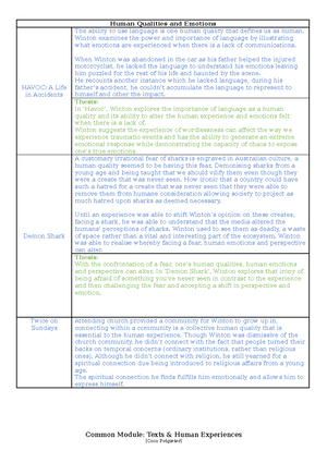 Tand HE - Summary Table Havoc - Texts & Human Experiences – Summary ...