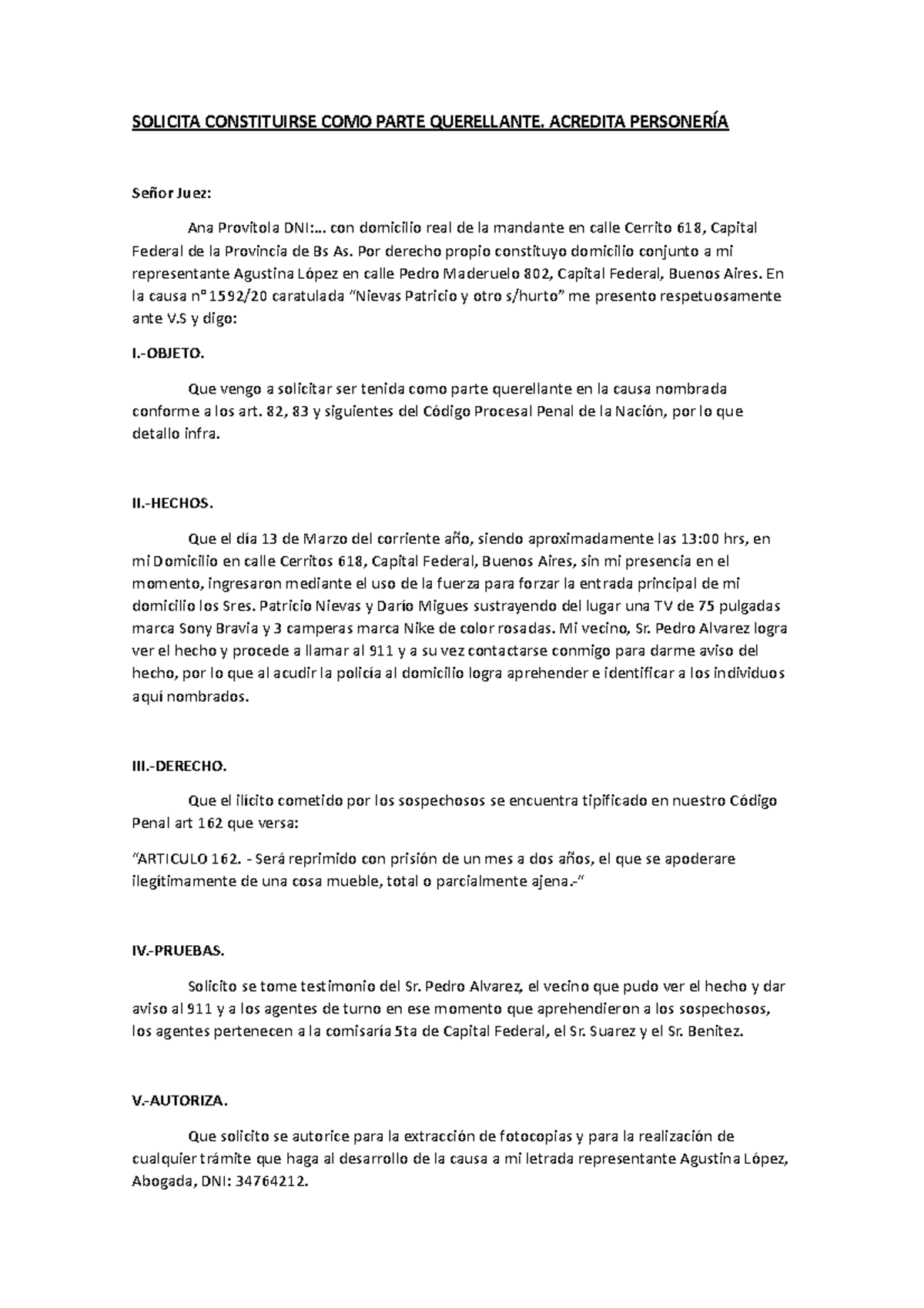 Actividad 3 Querellante SOLICITA CONSTITUIRSE COMO PARTE QUERELLANTE