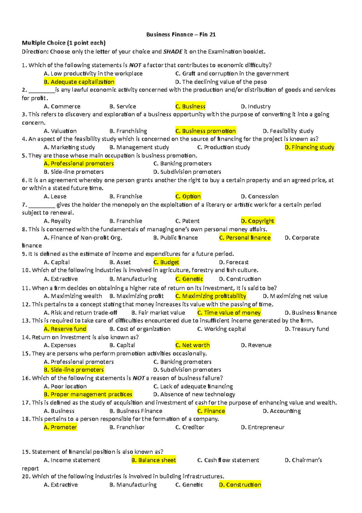 Exam Questions And Answers Business Finance Fin 21 Multiple Choice