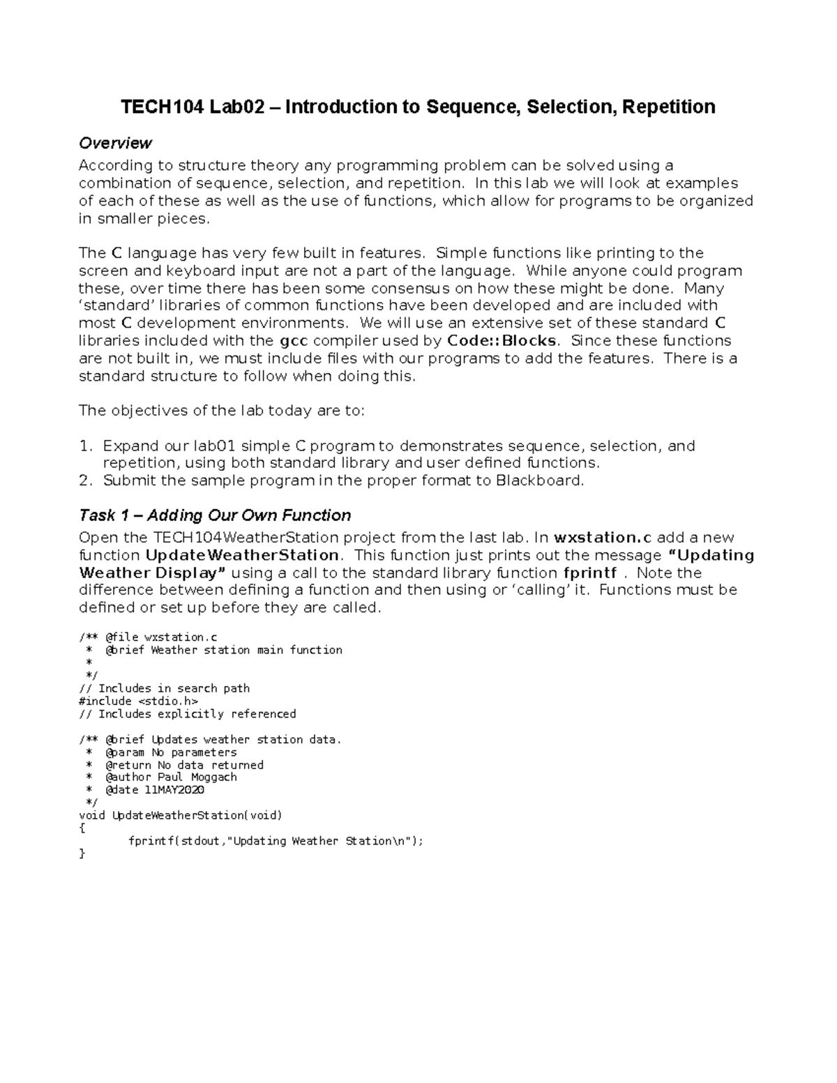 TECH104L02 - C LABS - TECH104 Lab02 – Introduction to Sequence, Selection, Repetition Overview ...