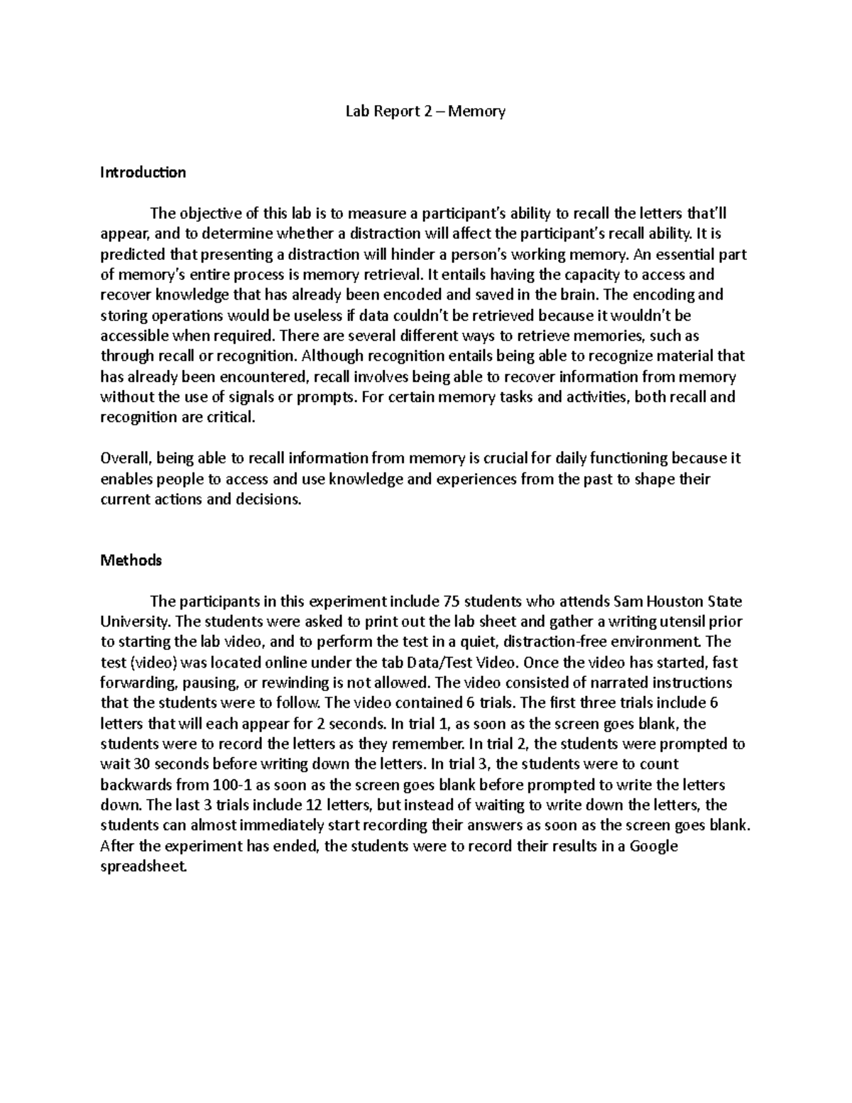 Lab Report 2 - n/a - Lab Report 2 – Memory Introduction The objective ...