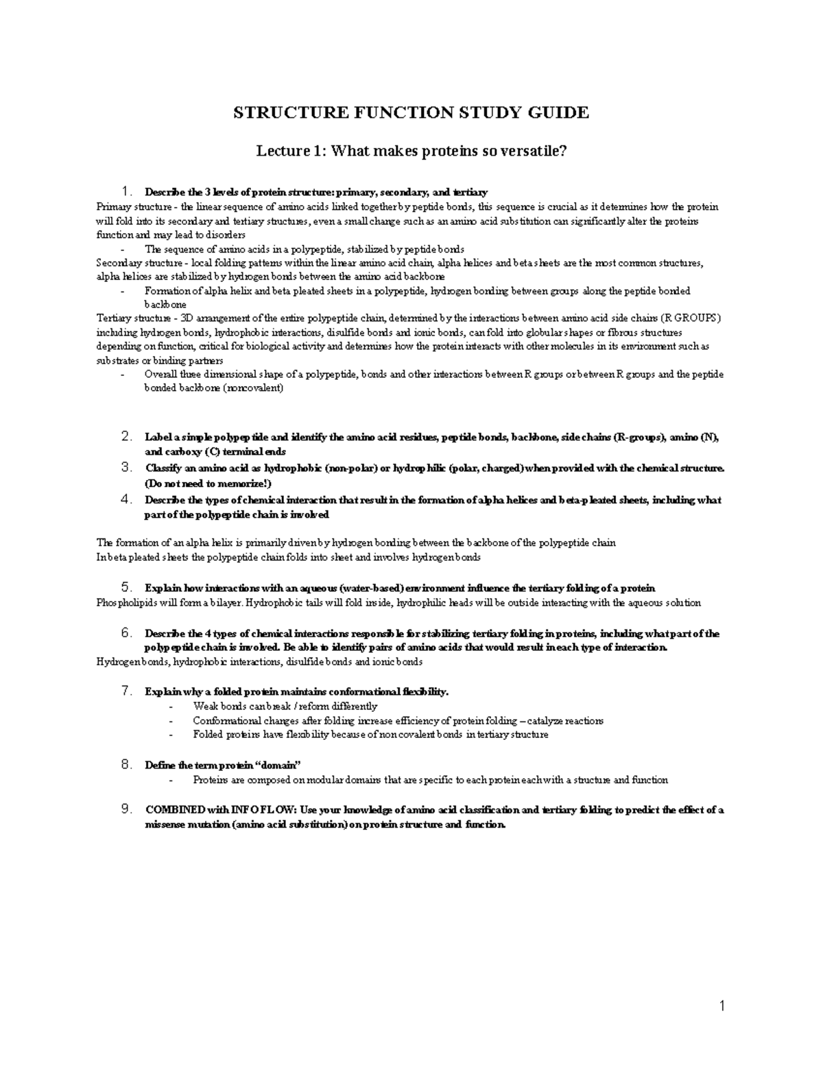 Structure Function Study Guide 2024 - STRUCTURE FUNCTION STUDY GUIDE Lecture 1: What makes ...