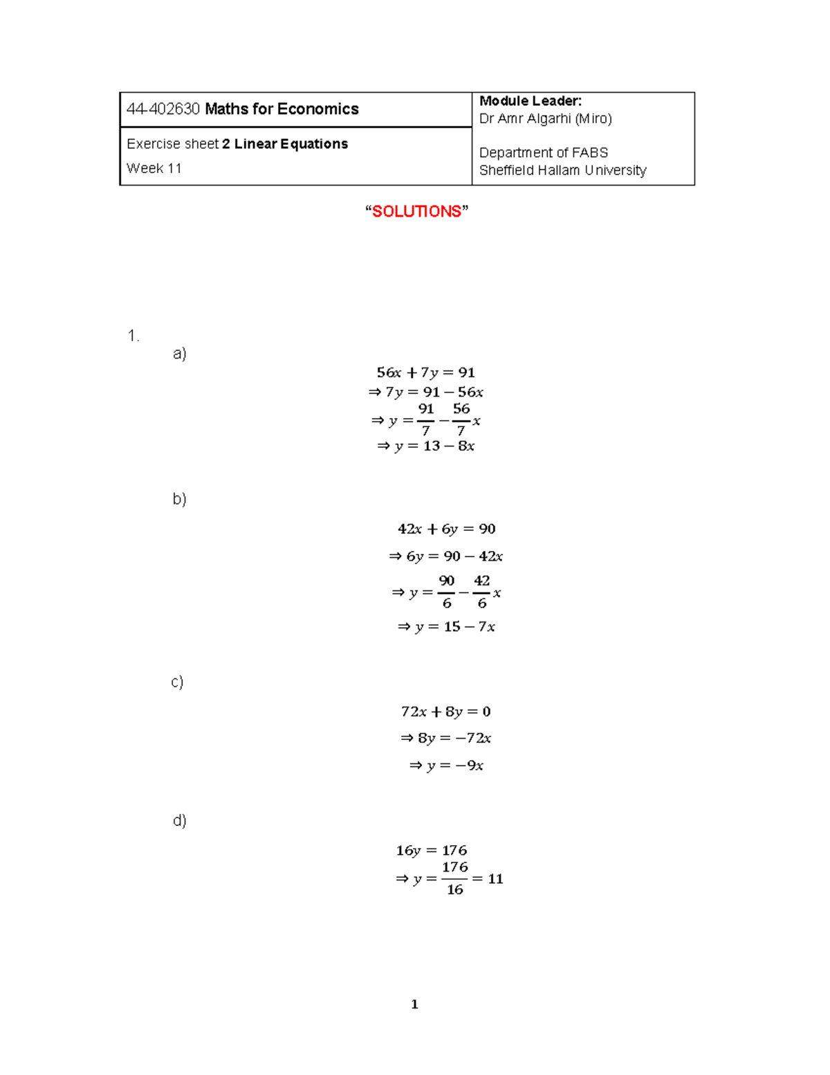 Maths S02 solutions - 44-402630 Maths for Economics Module Leader: Dr ...