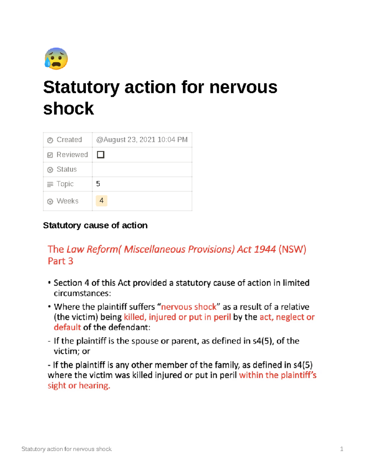 Statutory action for nervous shock - ¦ Statutory action for nervous ...