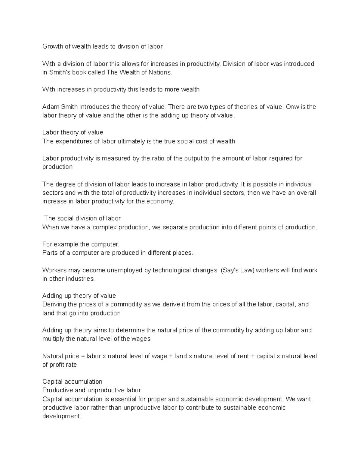 Adam Smith - Growth of wealth leads to division of labor With a ...