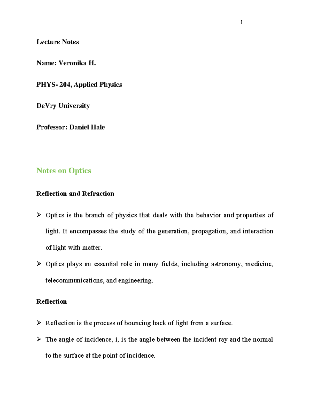 Notes on Optics - Lecture Notes Name: Veronika H. PHYS- 204, Applied ...