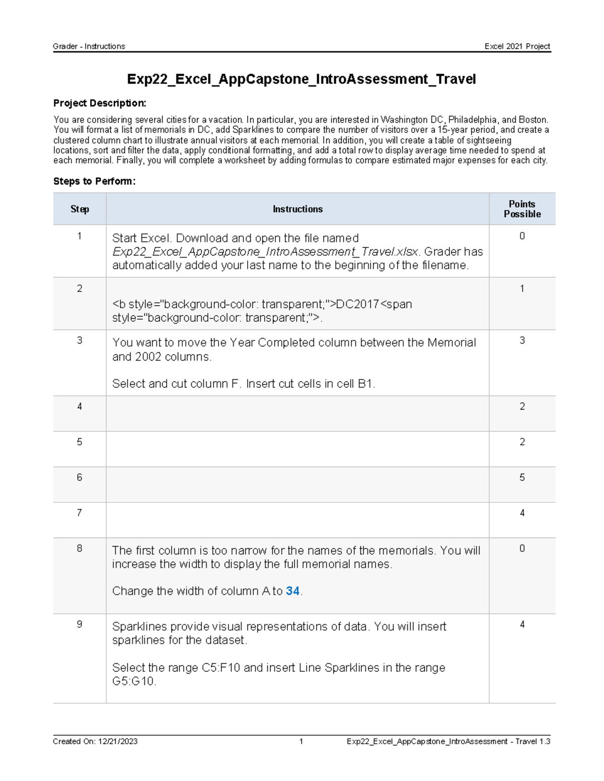 Exp22 Excel App Capstone Intro Assessment Travel Instructions - - Studocu
