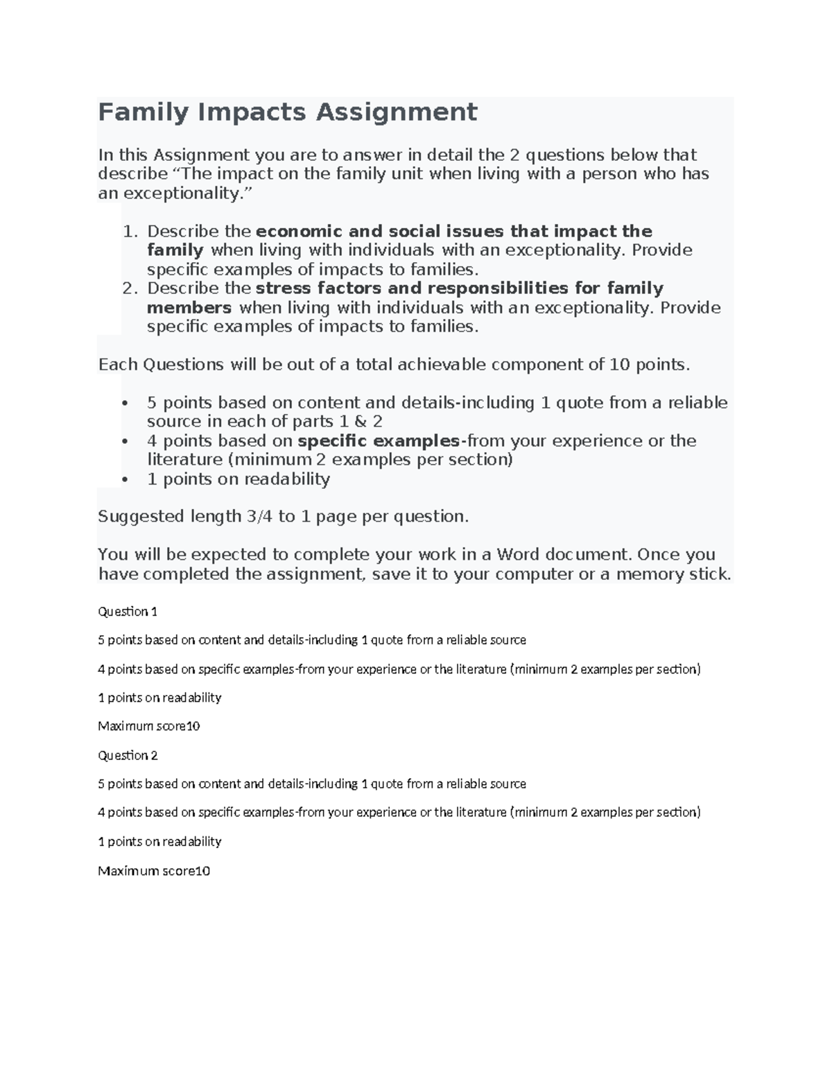 Family Impacts Assignment - ” 1. Describe the economic and social ...