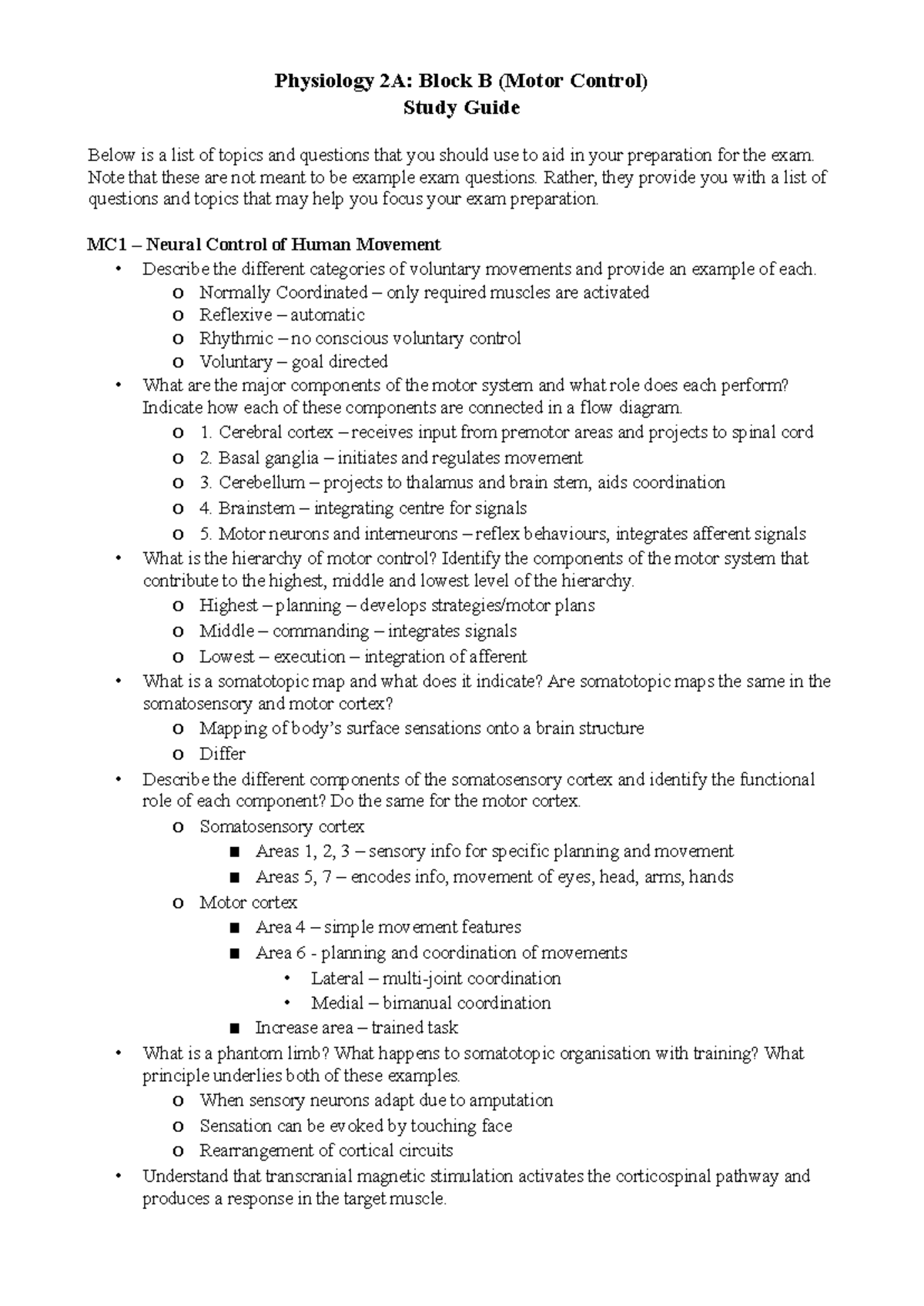MSK Notes (module B) - Physiology 2A: Block B (Motor Control) Study ...