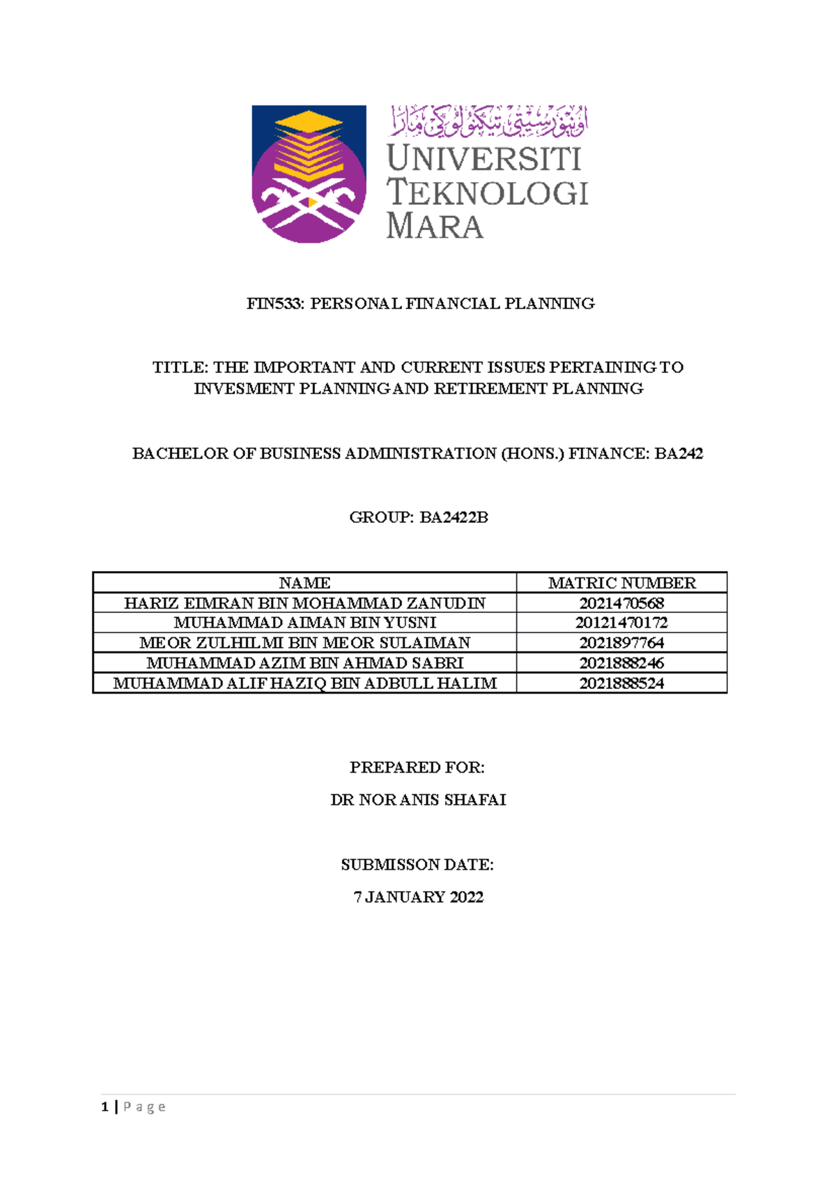 FIN533 GROUPING ASSIGNMENT - FIN533: PERSONAL FINANCIAL PLANNING TITLE ...