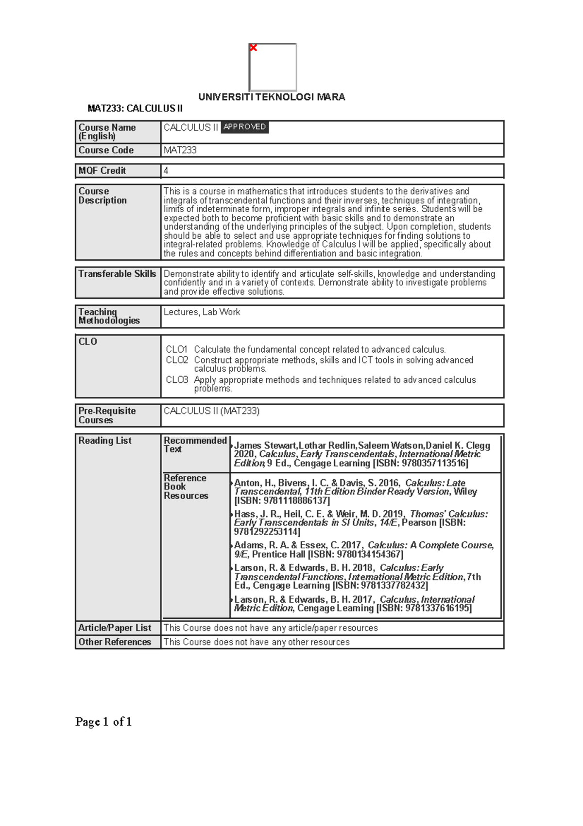 Course Calculus II - Summary mathematic sciences - UNIVERSITI TEKNOLOGI ...