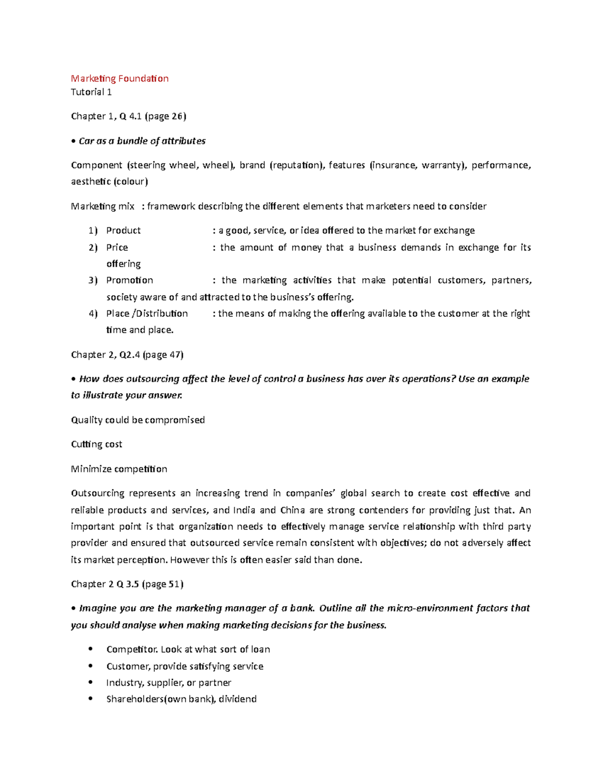 Marketing Foundation Tut Ans - Marketing Foundation Tutorial 1 Chapter ...