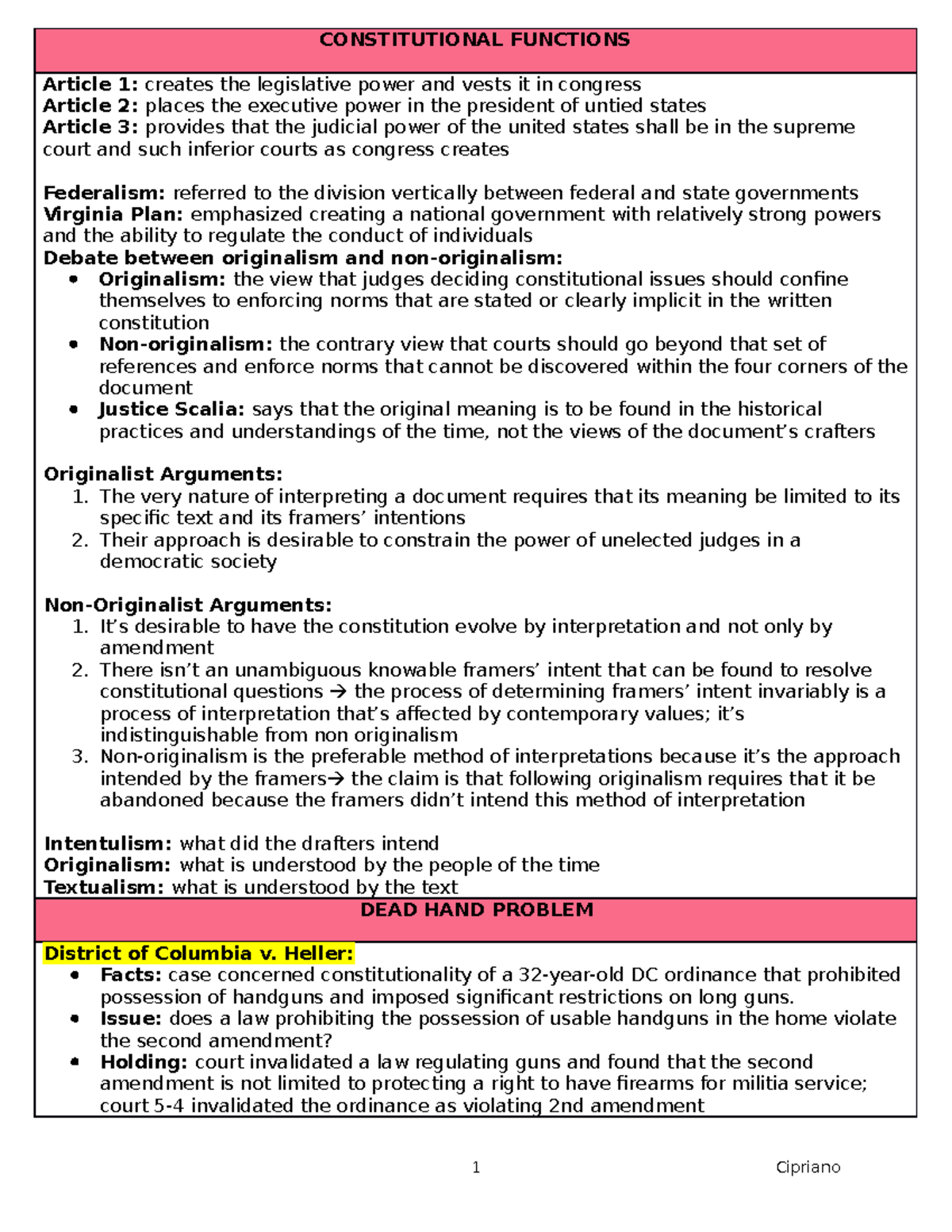 Con Law Outline - CONSTITUTIONAL FUNCTIONS Article 1: creates the ...